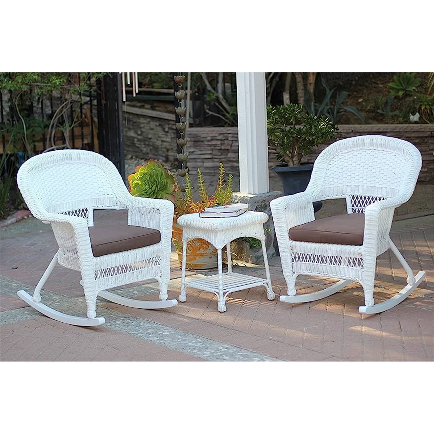 Jeco 3pc Rocker Wicker Chair Set With Brown Cushion-Finish:White ...