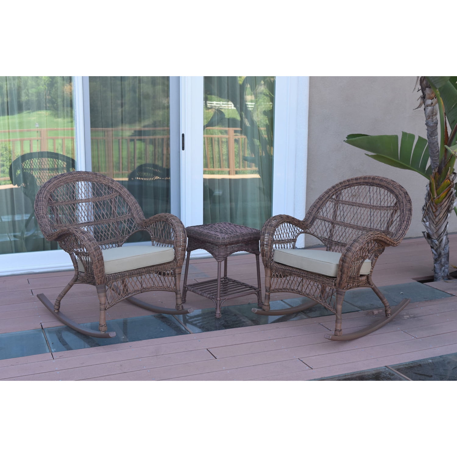 Jeco 3pc Santa Maria Honey Rocker Wicker Chair Set - Tan Cushions ...