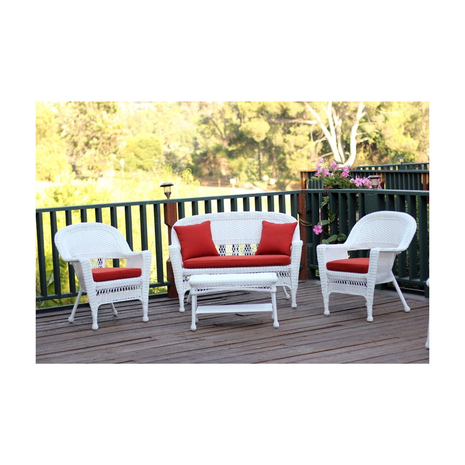 Jeco 4 Piece Resin Wicker Patio Conversation Set in White with Brick ...