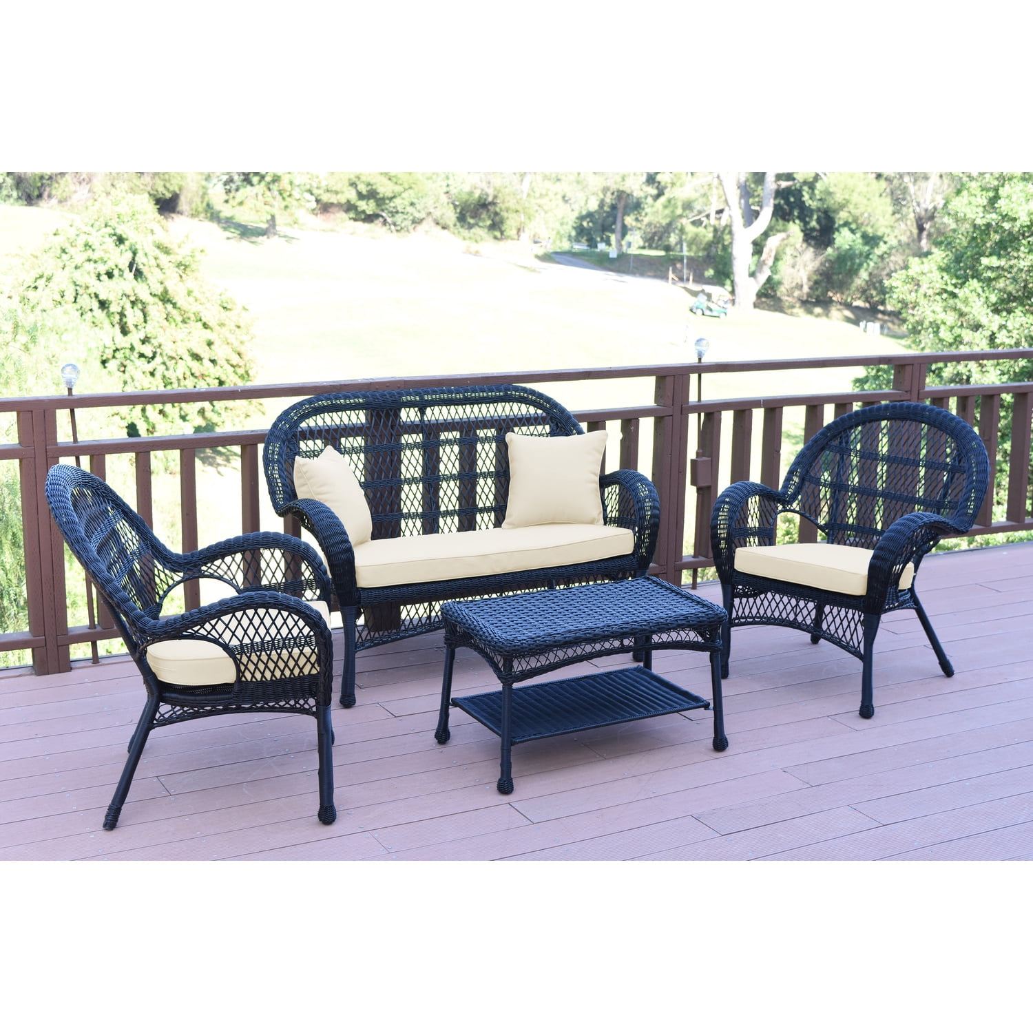 Jeco 4pc Santa Maria Black Wicker Conversation Set - Ivory Cushions ...