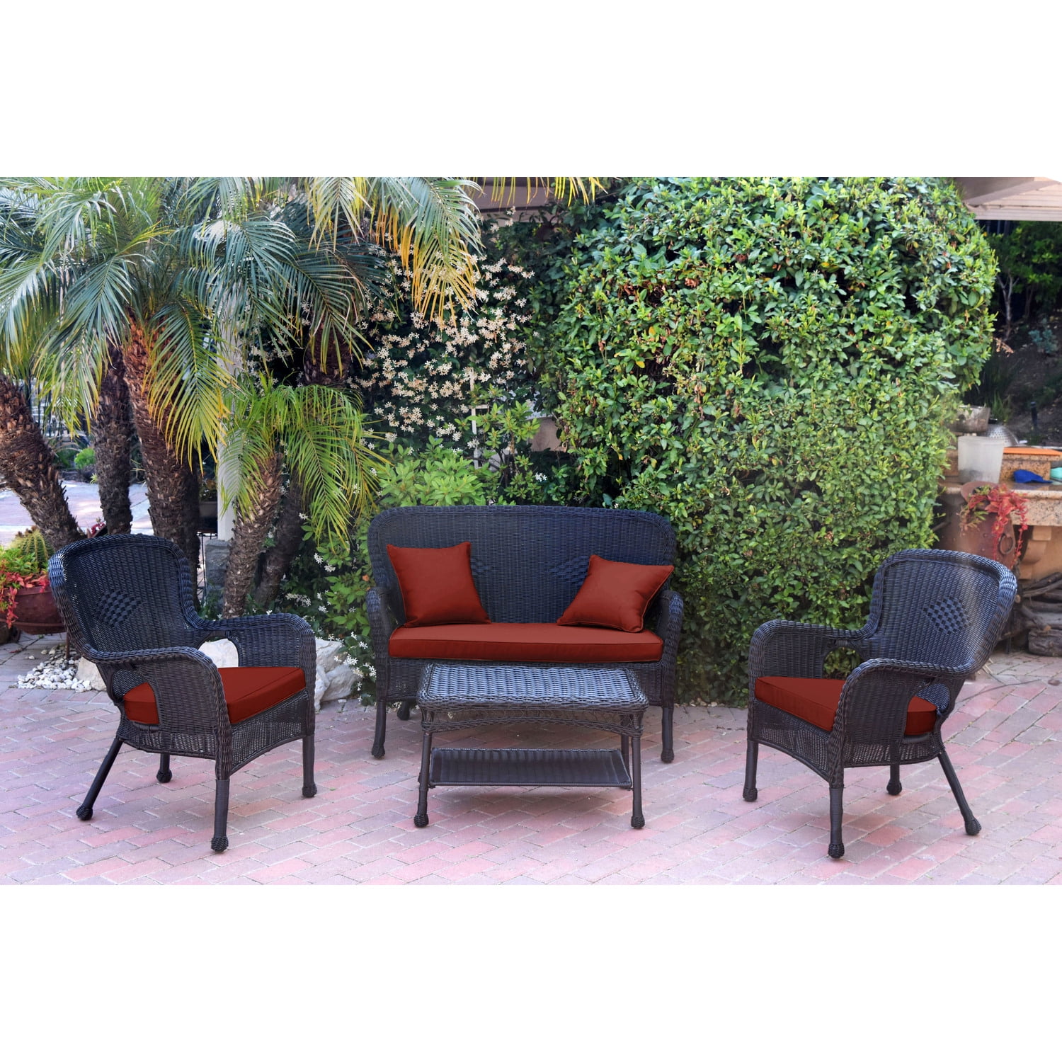 Jeco 4pc Windsor Black Wicker Conversation Set - Brick Red Cushions ...