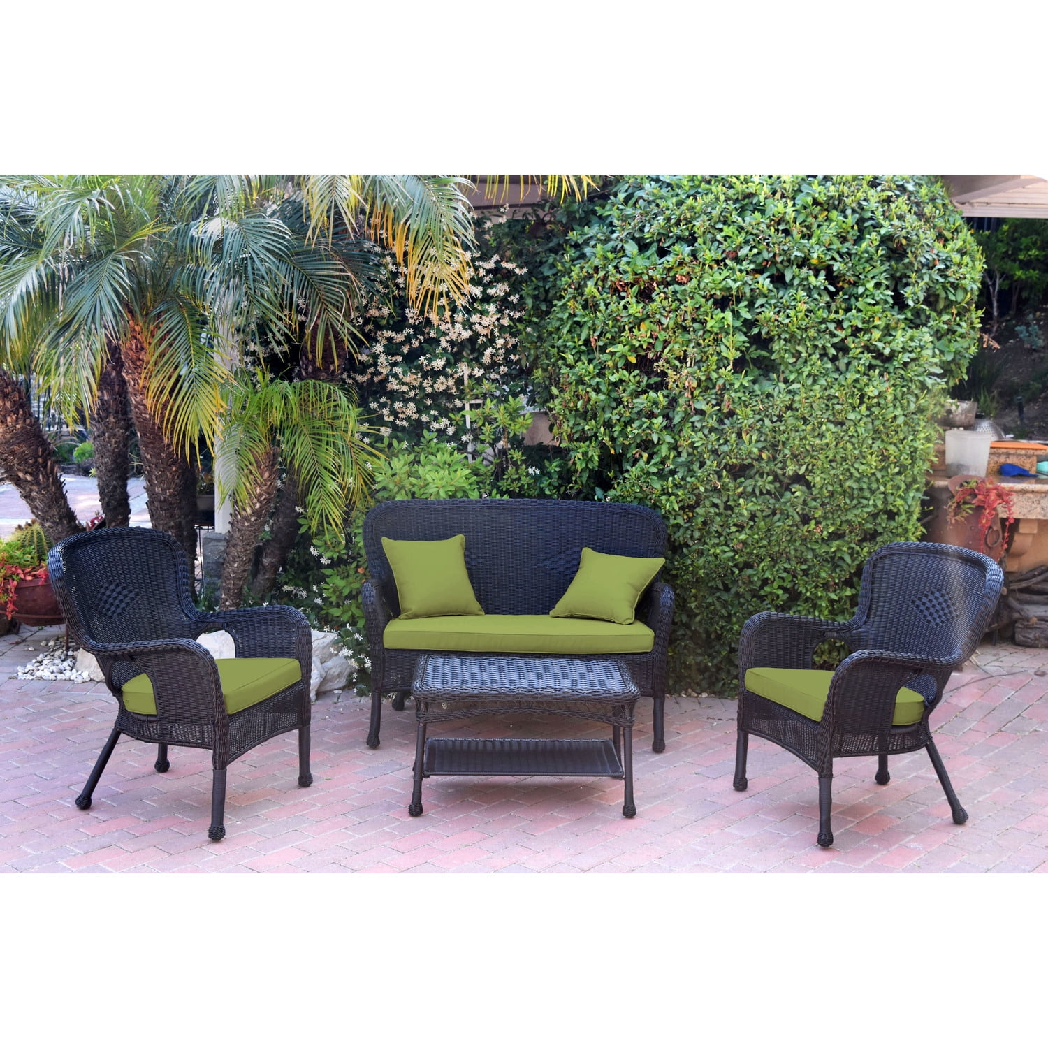 Jeco 4pc Windsor Black Wicker Conversation Set - Sage Green Cushions ...