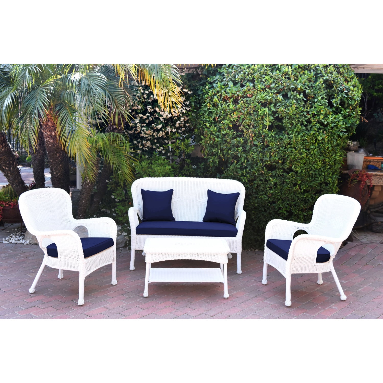 Jeco 4pc Windsor White Wicker Conversation Set - Midnight Blue Cushions ...