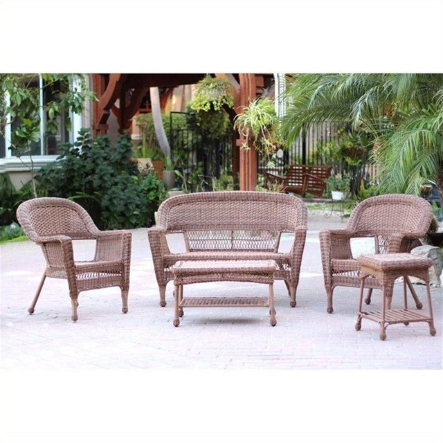 Jeco 5 Piece Resin Wicker Outdoor Patio Conversation Set in Honey ...