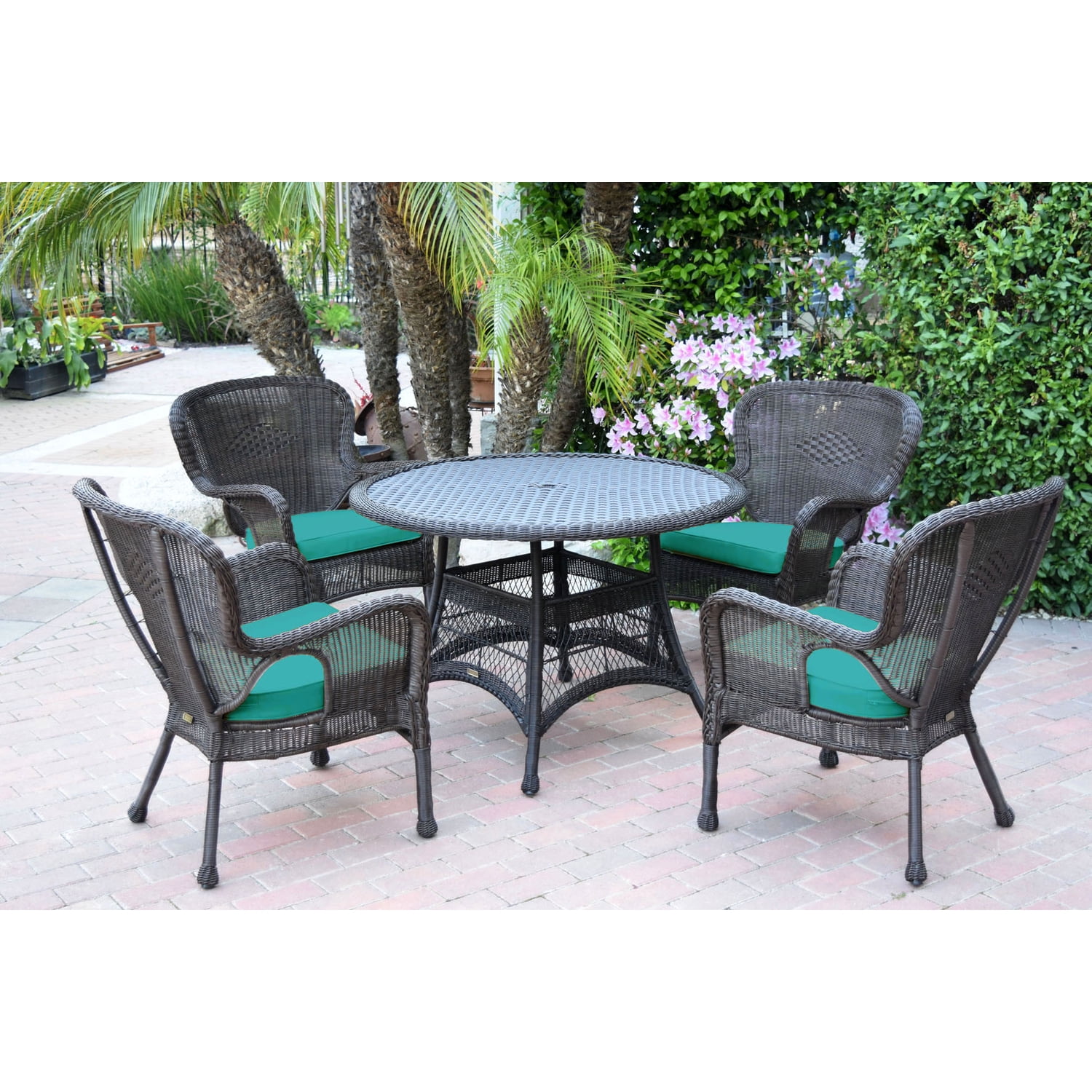 Jeco 5pc Windsor Espresso Wicker Dining Set with Turquoise Cushions ...