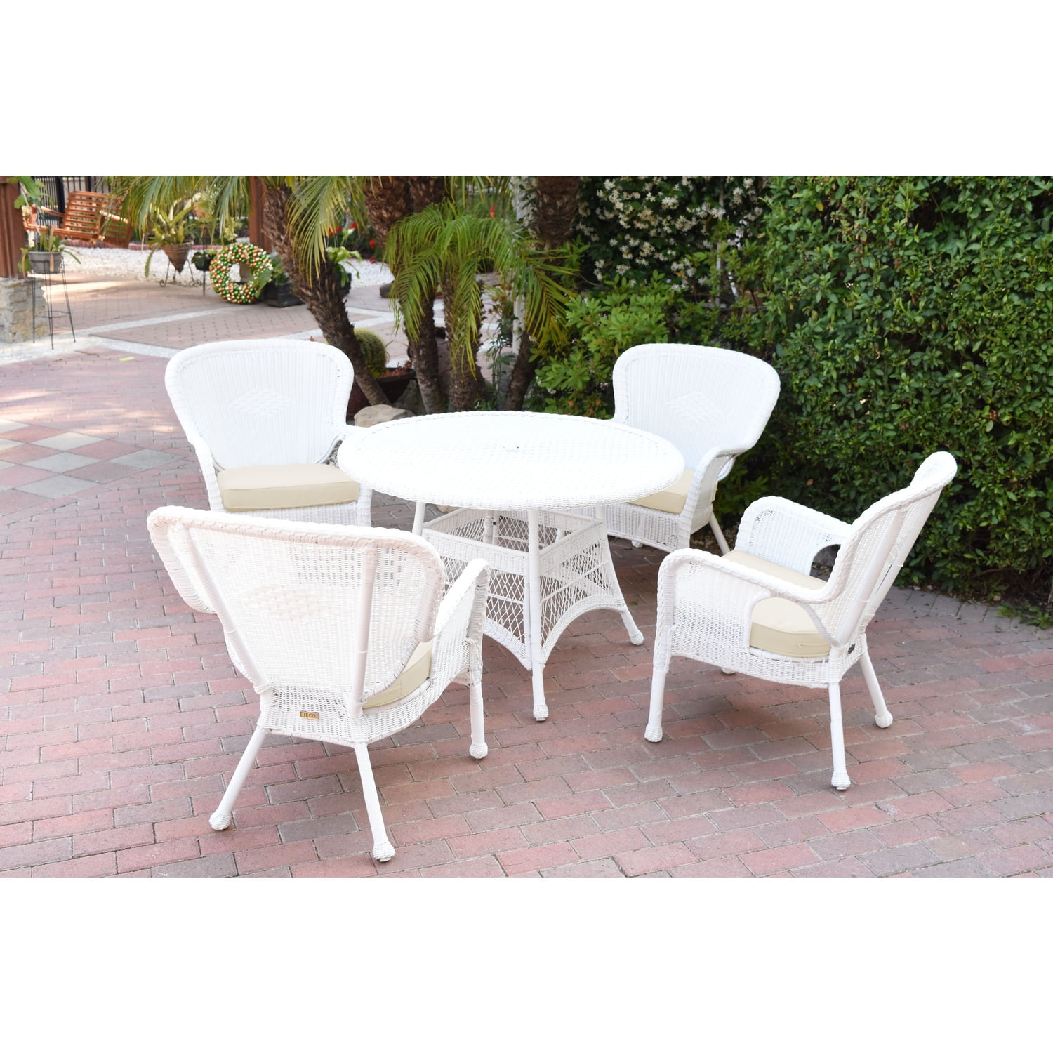 Jeco 5pc Windsor White Wicker Dining Set - Ivory Cushions - Walmart.com