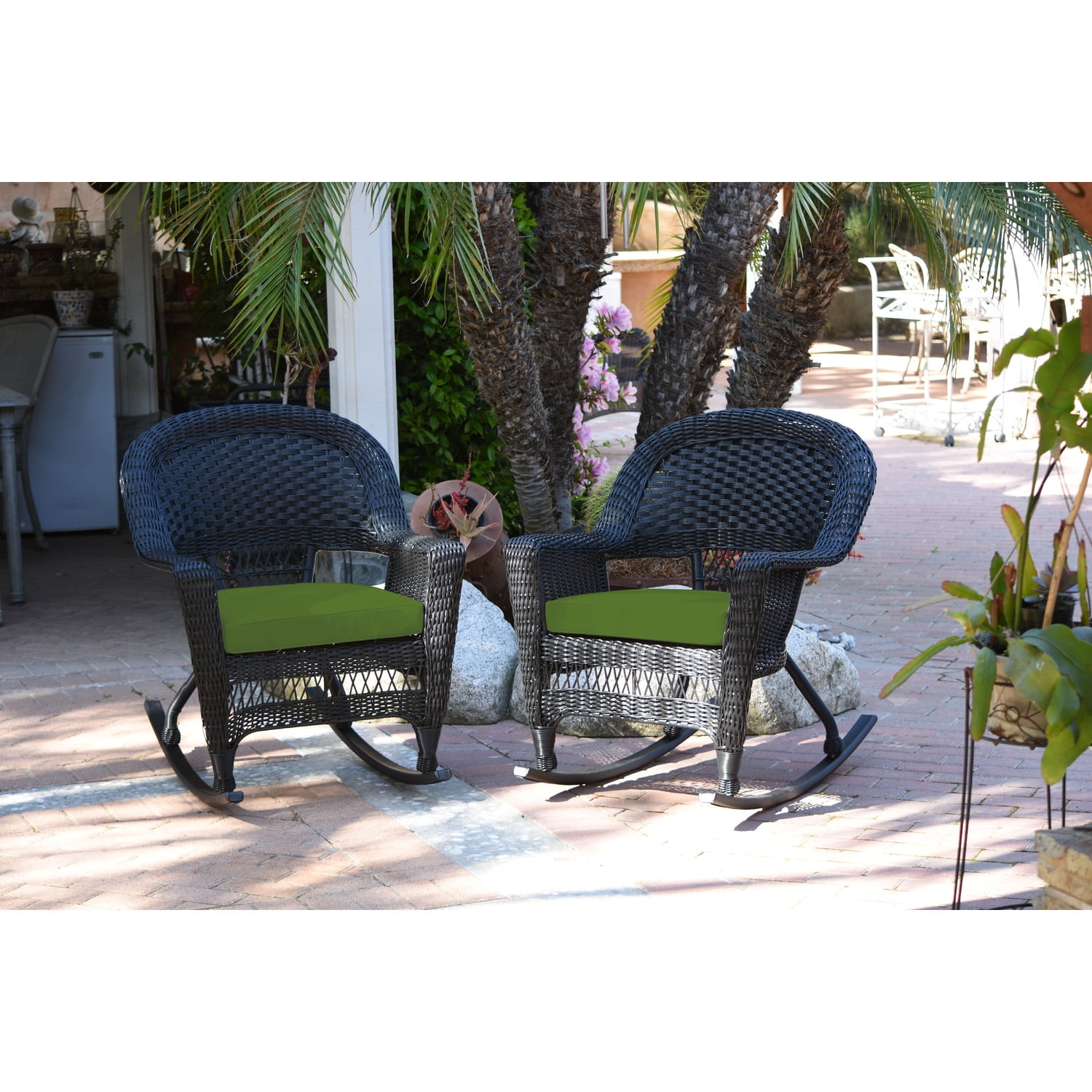 Jeco Black Rocker Wicker Chair with Hunter Green Cushion - Set of 2 ...