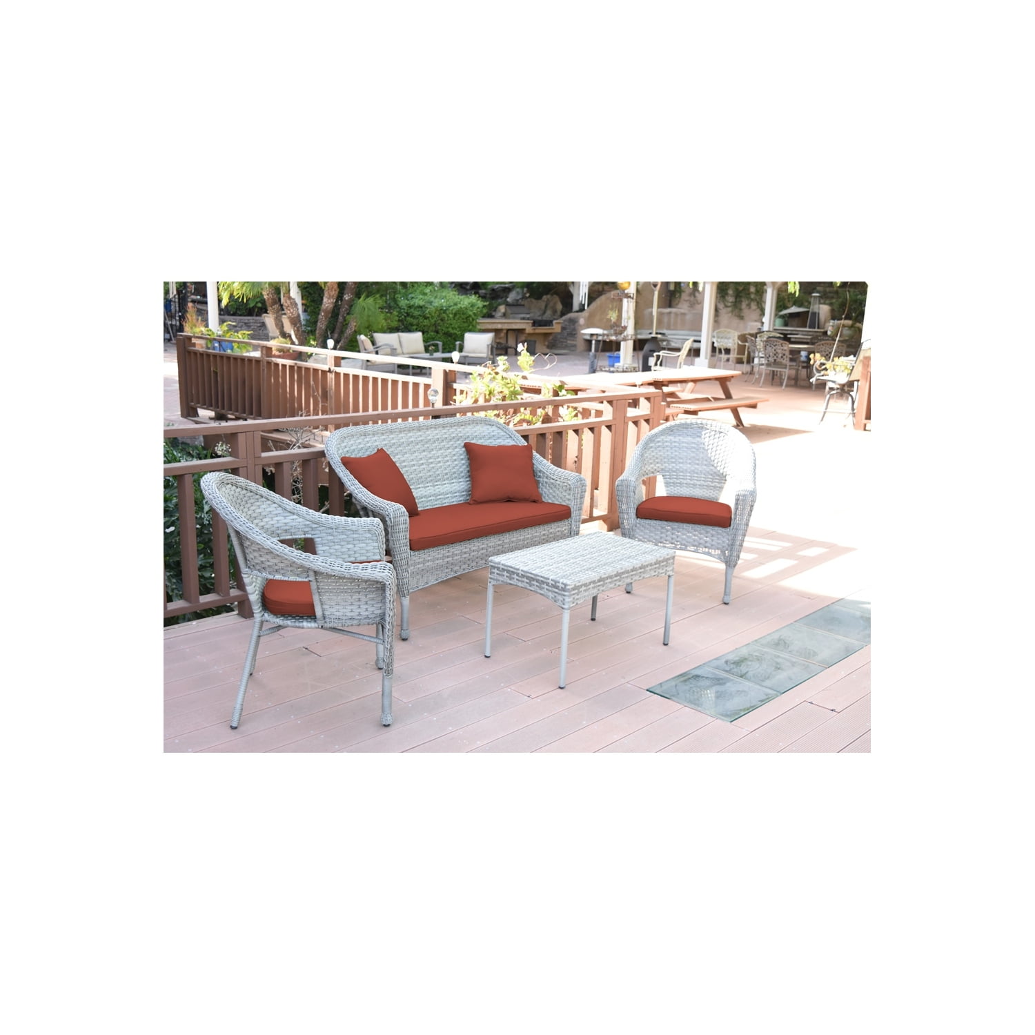 Jeco Clark 4 Piece Wicker Patio Sofa Set in Gray and Brick Red ...