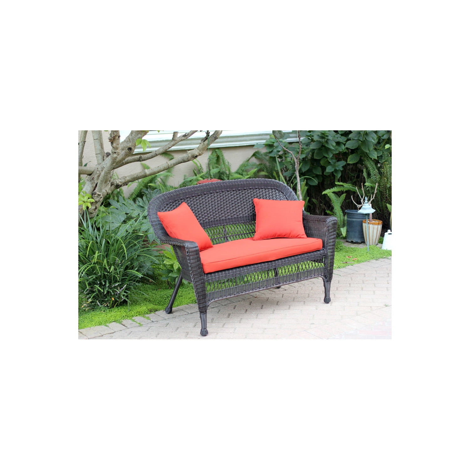 Jeco Espresso Wicker Patio Love Seat With Brick Red Cushion and Pillows - Walmart.com