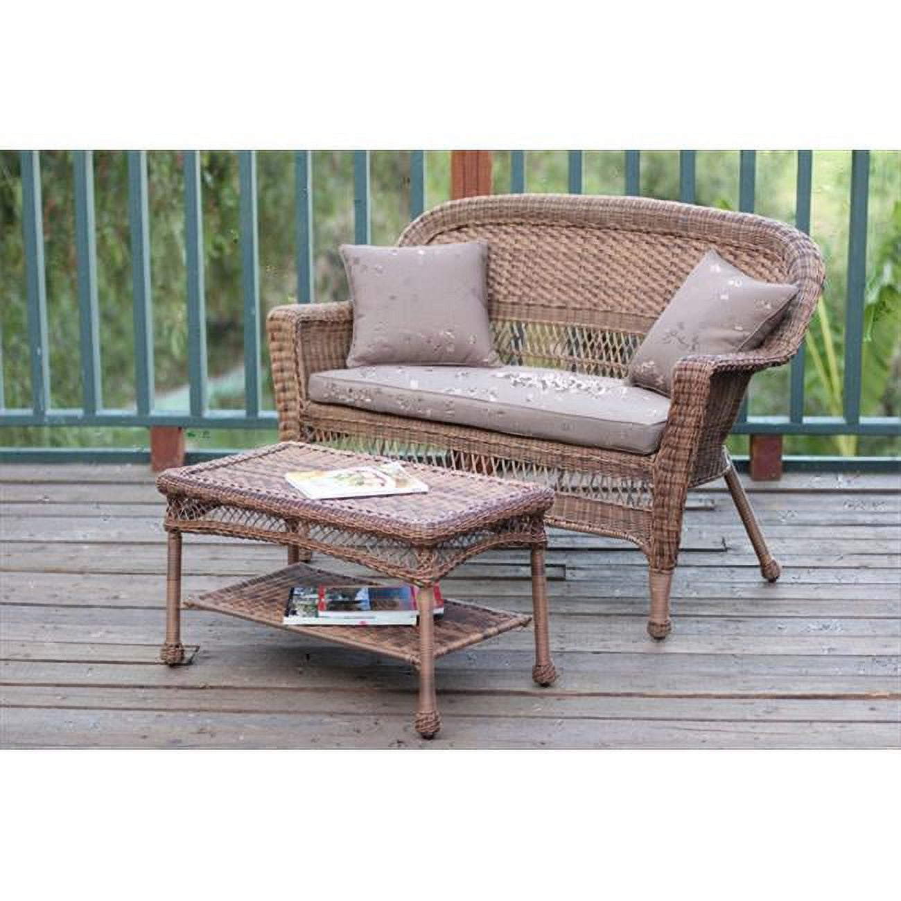 Jeco Honey Wicker Patio Love Seat And Coffee Table Set With Brown ...