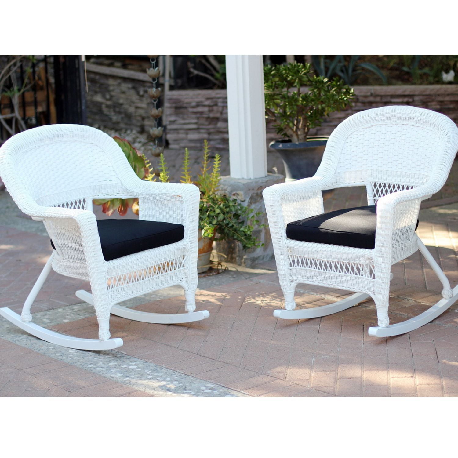 Jeco Resin Wicker Outdoor Patio Rocker Chair in White w/Black Cushion (Set of 2) - Walmart.com