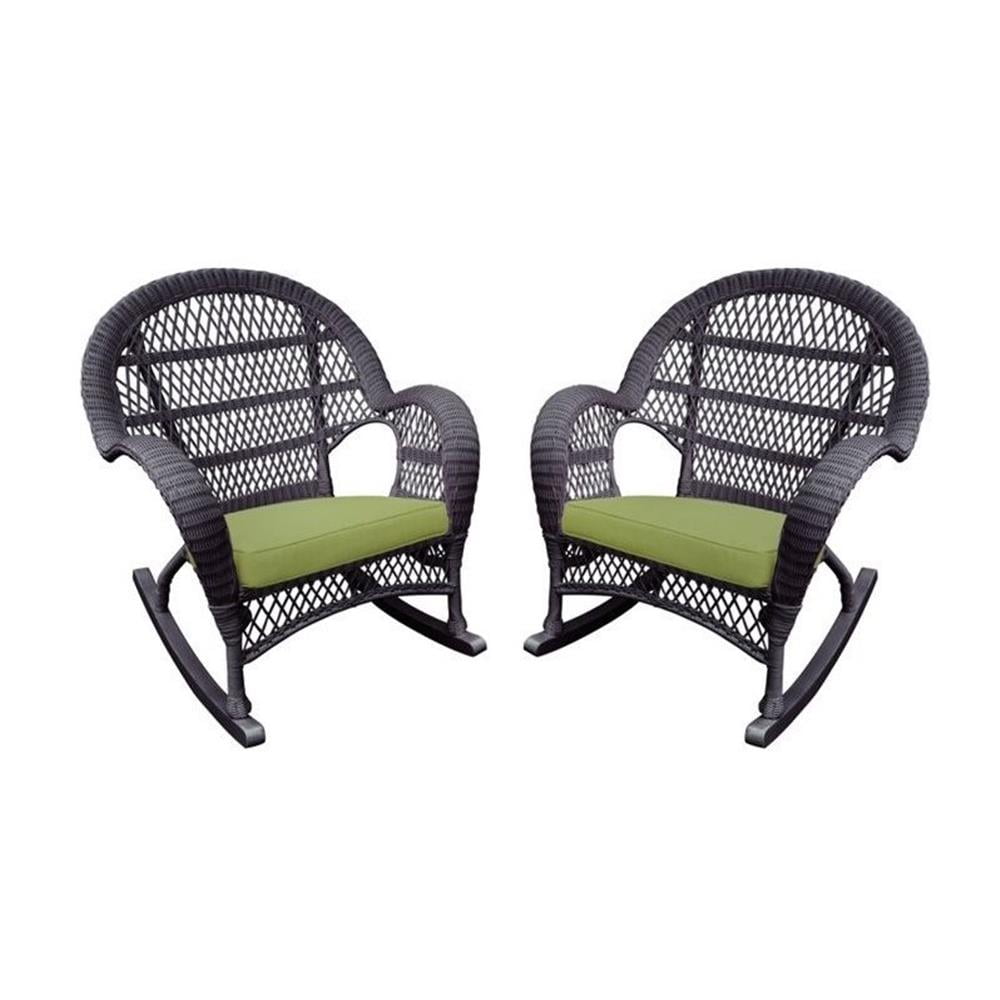 Jeco Resin Wicker Patio Rocker Chair in Espresso w/Sage Green Cushion ...
