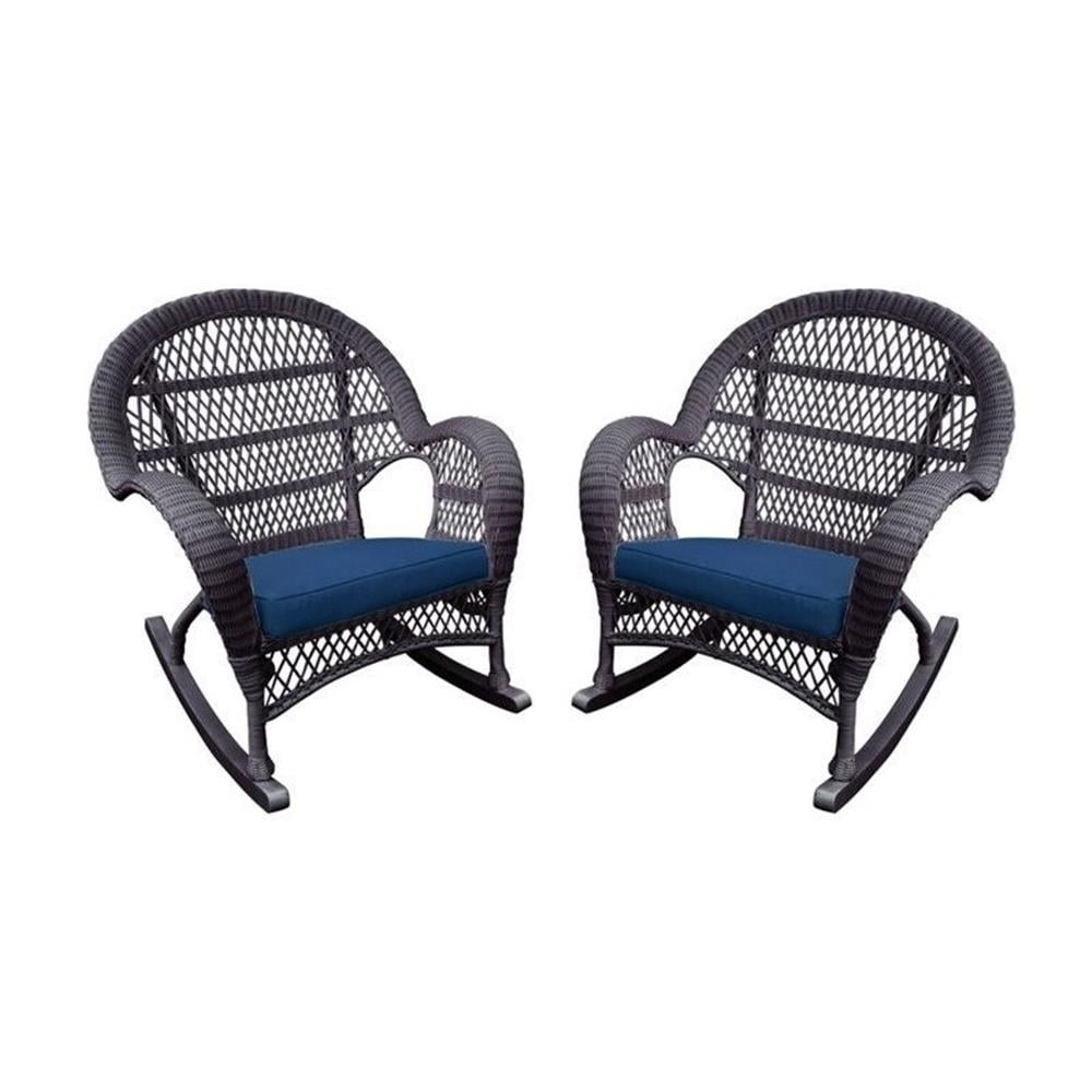 Jeco Resin Wicker Patio Rocker Chair in Espresso with Blue Cushion (Set ...
