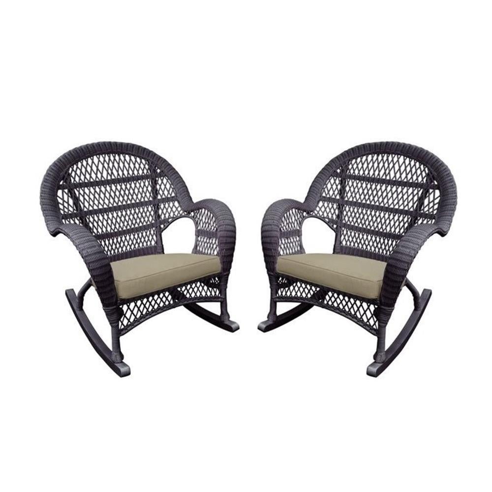 Jeco Resin Wicker Patio Rocker Chair in Espresso with Tan Cushion (Set ...