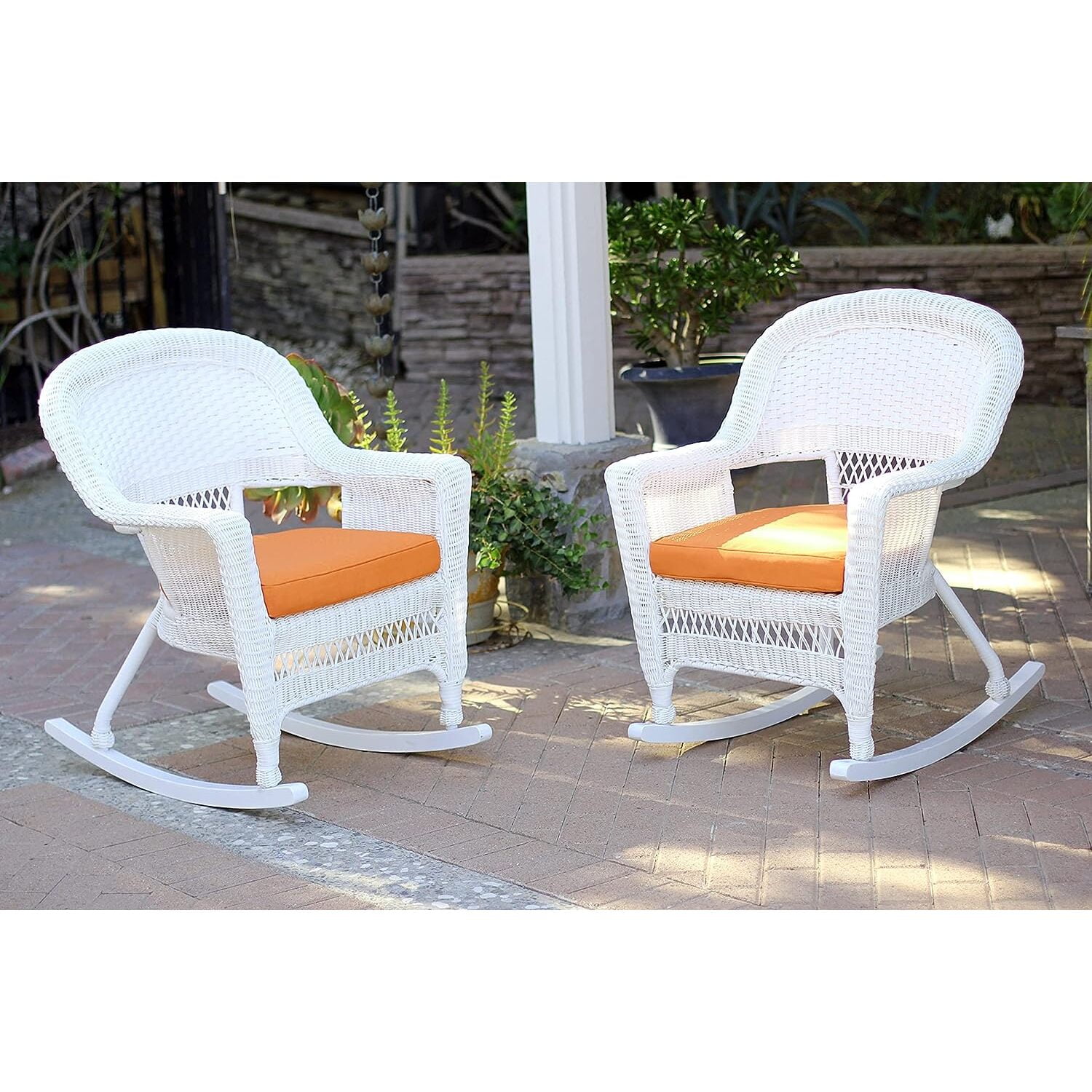 Jeco Rocker Wicker Chair with Orange Cushion - Set of 2-Finish:White - Walmart.com