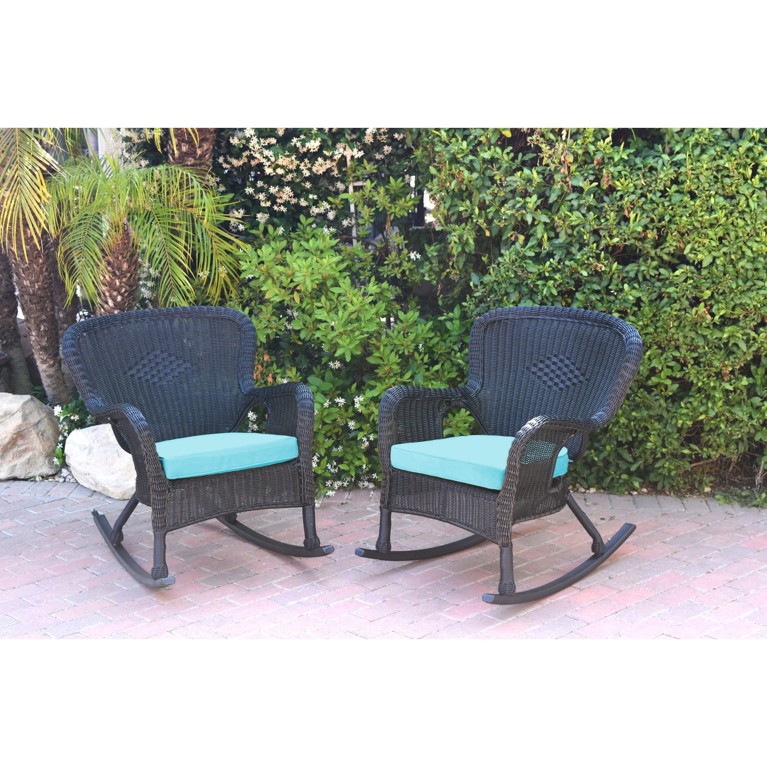 Jeco Set of 2 Windsor Black Resin Wicker Rocker Chair with Sky Blue ...