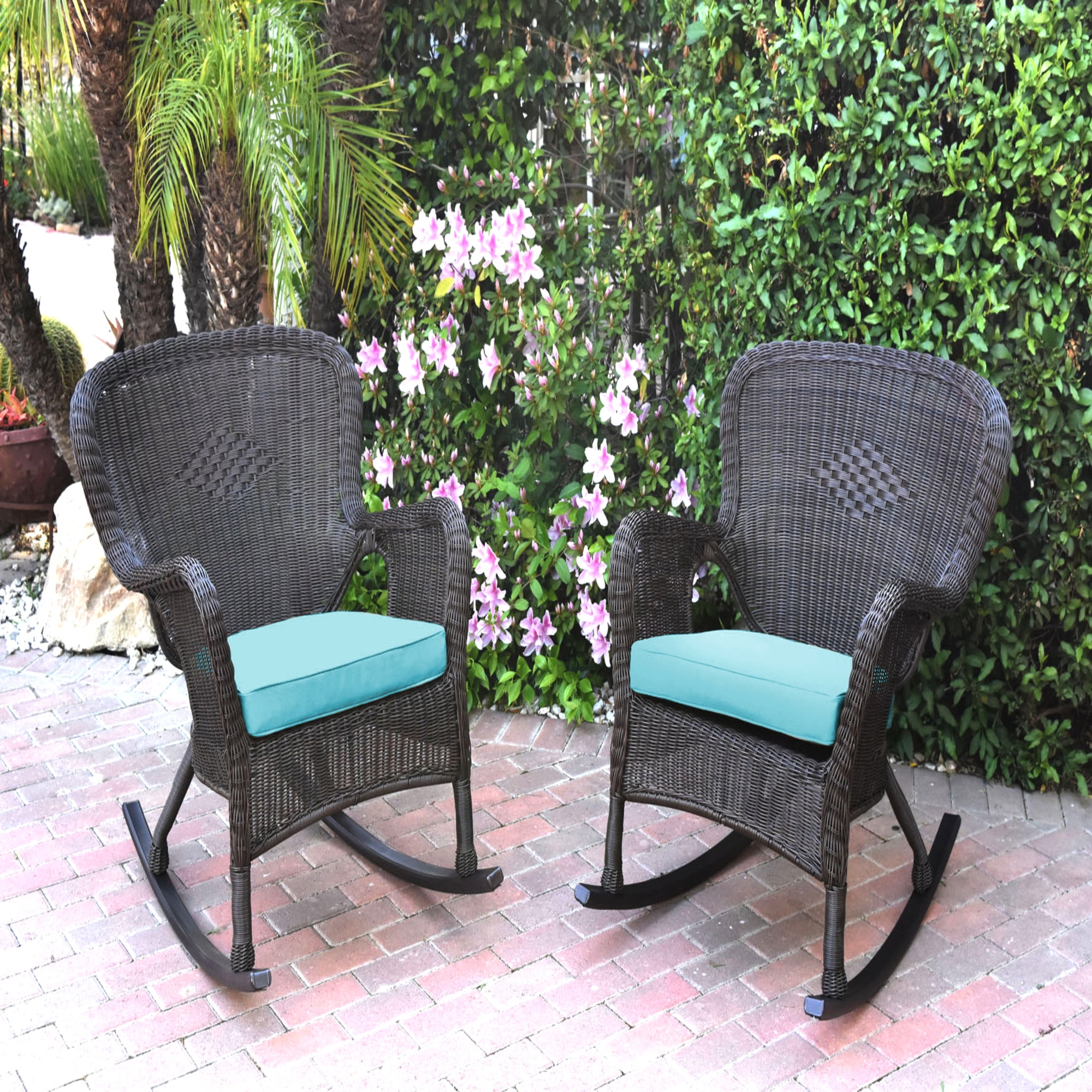 Jeco Set of 2 Windsor Espresso Resin Wicker Rocker Chair with Cushions ...