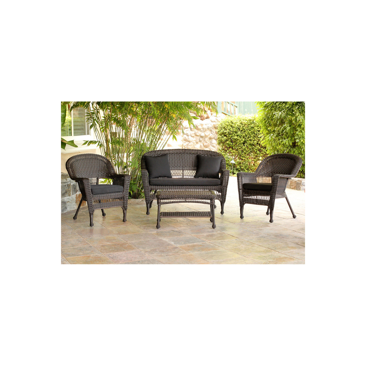 Jeco 4pc Espresso Wicker Conversation Set - Black Cushions - Walmart.com