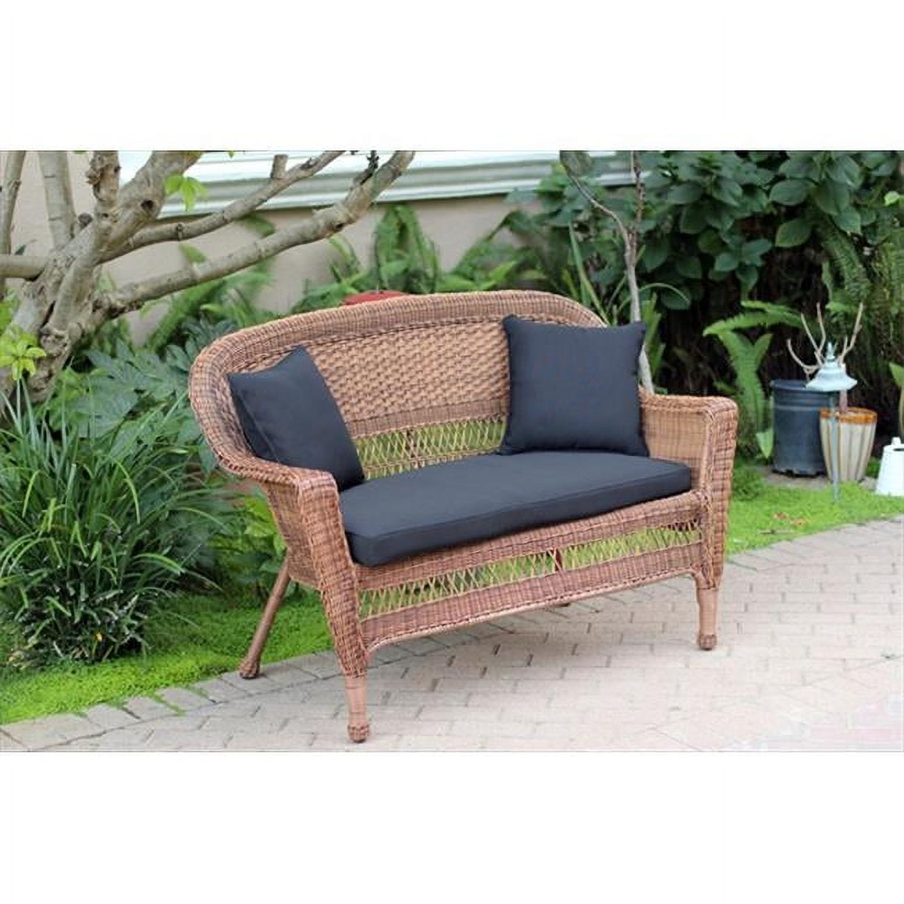 Jeco W00205-L-FS017-CL Honey Wicker Patio Love Seat With Black Cushion ...