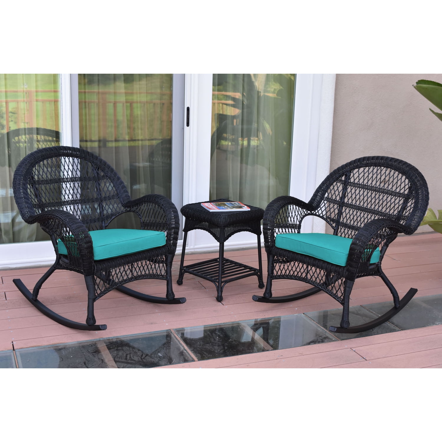 Jeco 3pc Santa Maria Black Rocker Wicker Chair Set - Turquoise Cushions ...