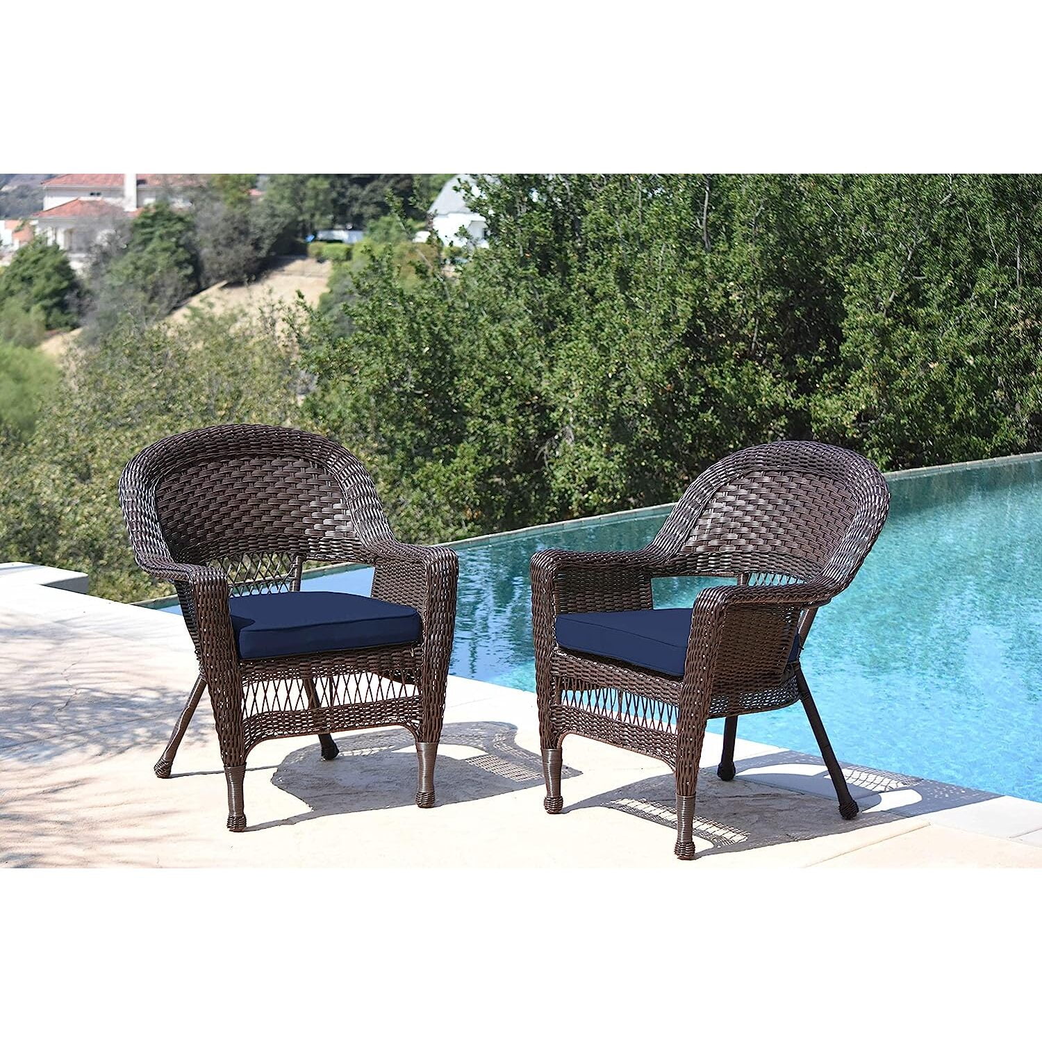 Jeco Wicker Patio Outdoor Chair with Blue Cushion, Espresso Finish, Set ...