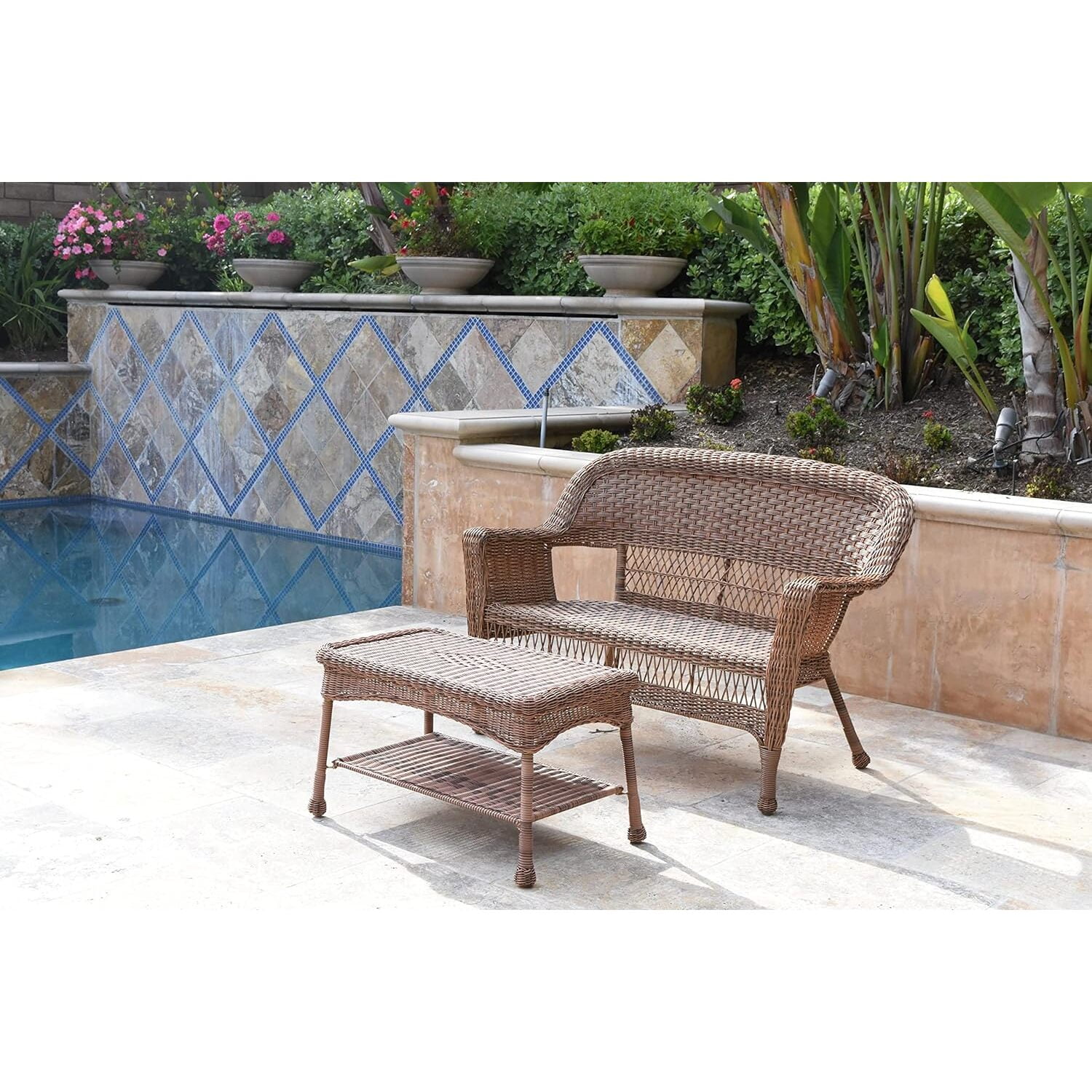 Jeco Outdoor Wicker Patio Love Seat and Coffee Table Set with Metal ...