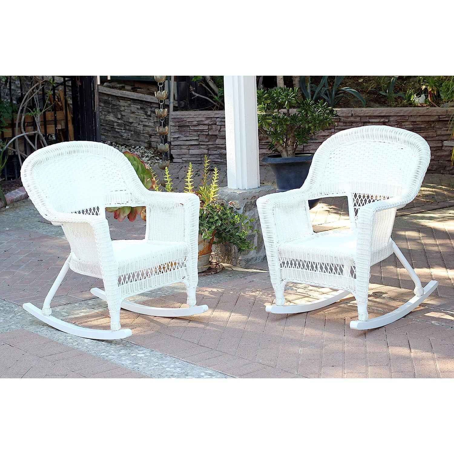 Jeco Outdoor Steel Rocking White Porch Resin Patio Wicker Chair - Set ...