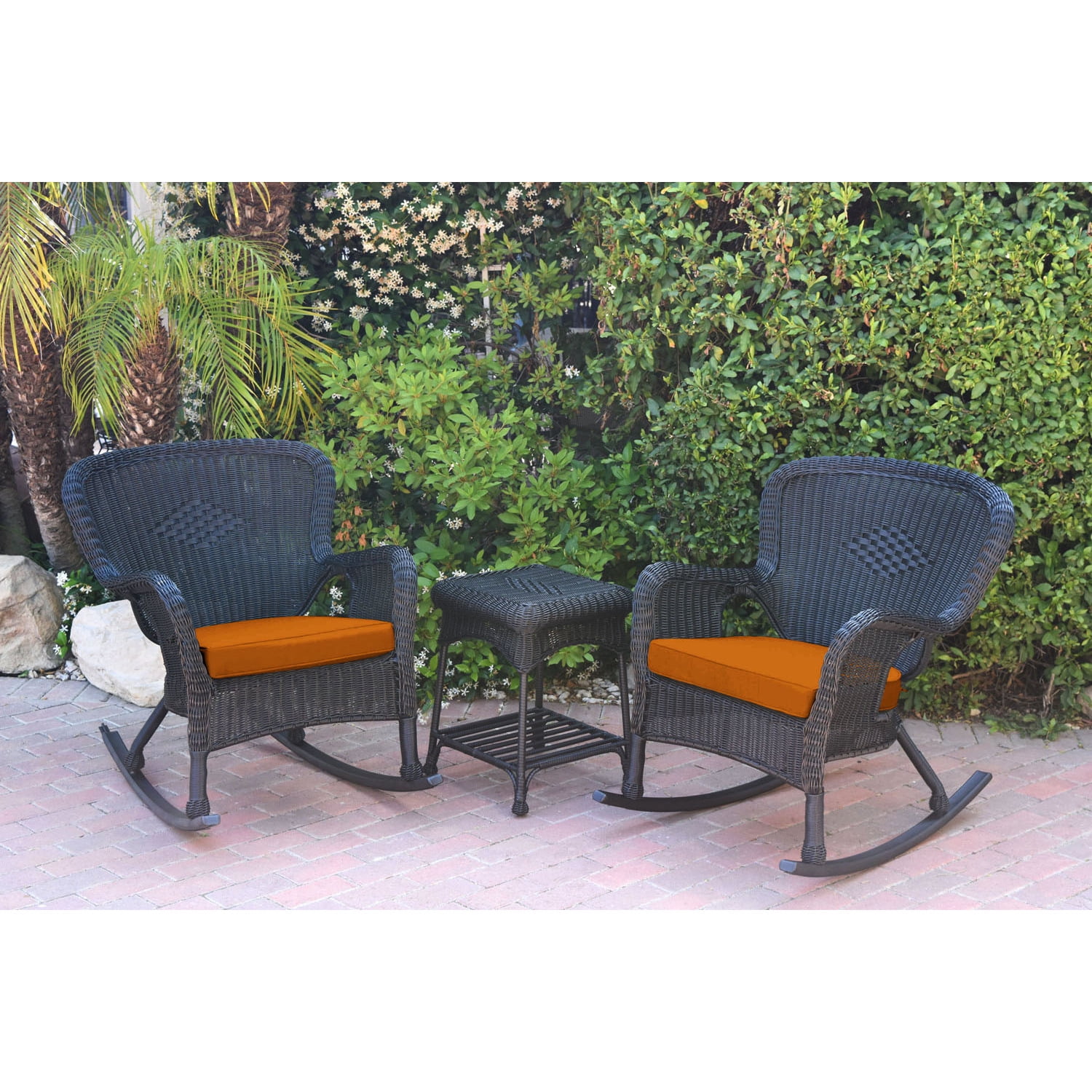 Jeco Windsor Black Wicker Rocker Chair And End Table Set With Orange ...