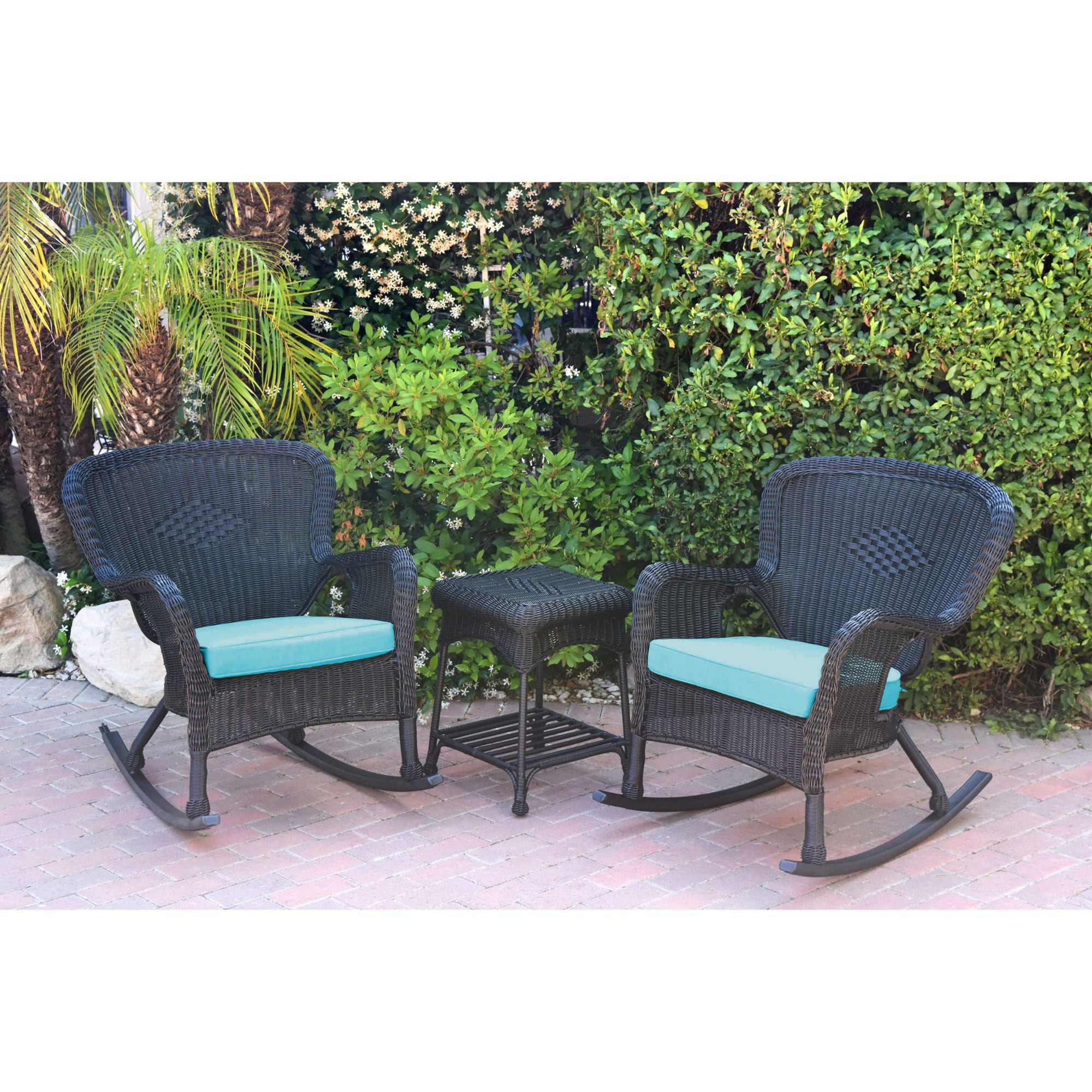 Jeco Windsor Black Wicker Rocker Chair And End Table Set With Sky Blue ...