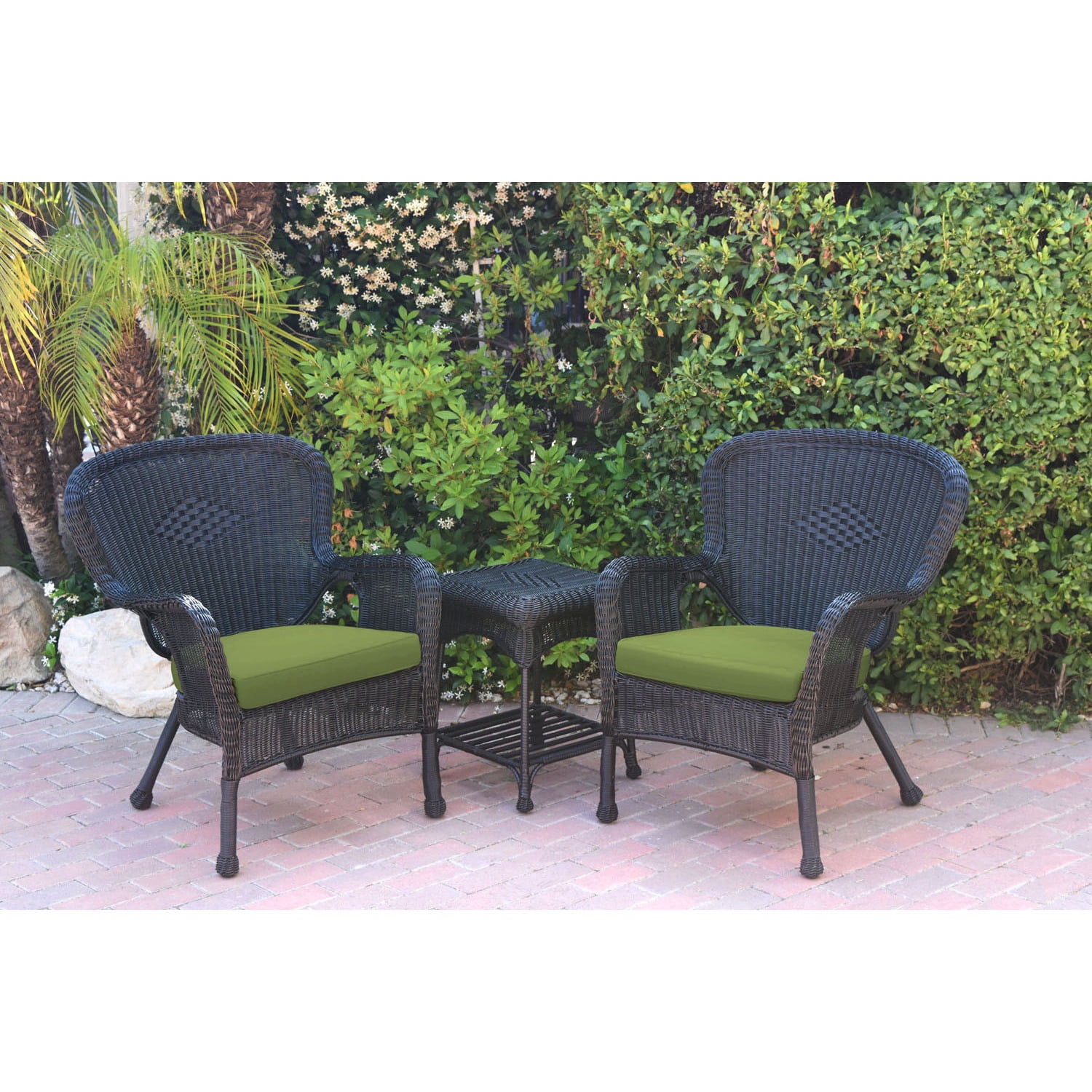 Jeco Windsor Espresso Wicker Chair And End Table Set With Sage Green ...