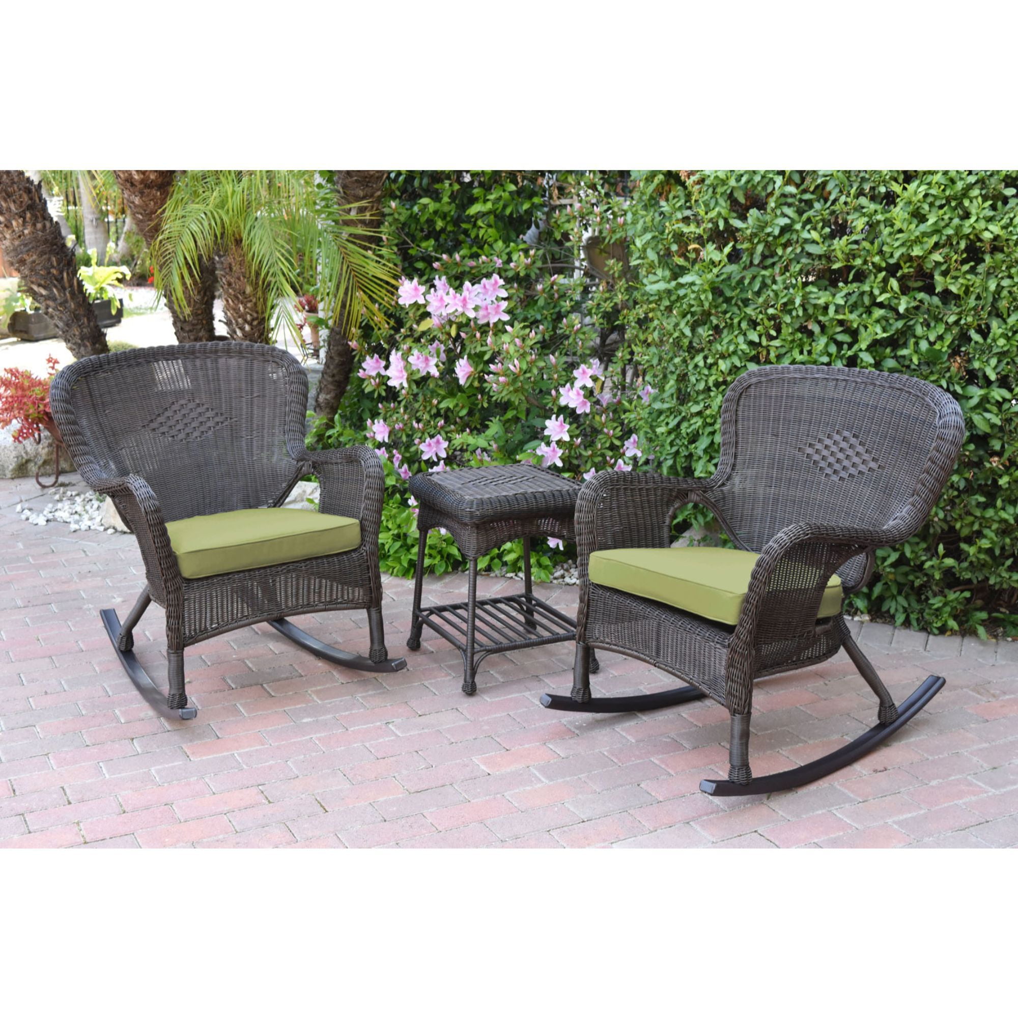 Jeco Windsor Espresso Wicker Rocker Chair And End Table Set With Sage ...
