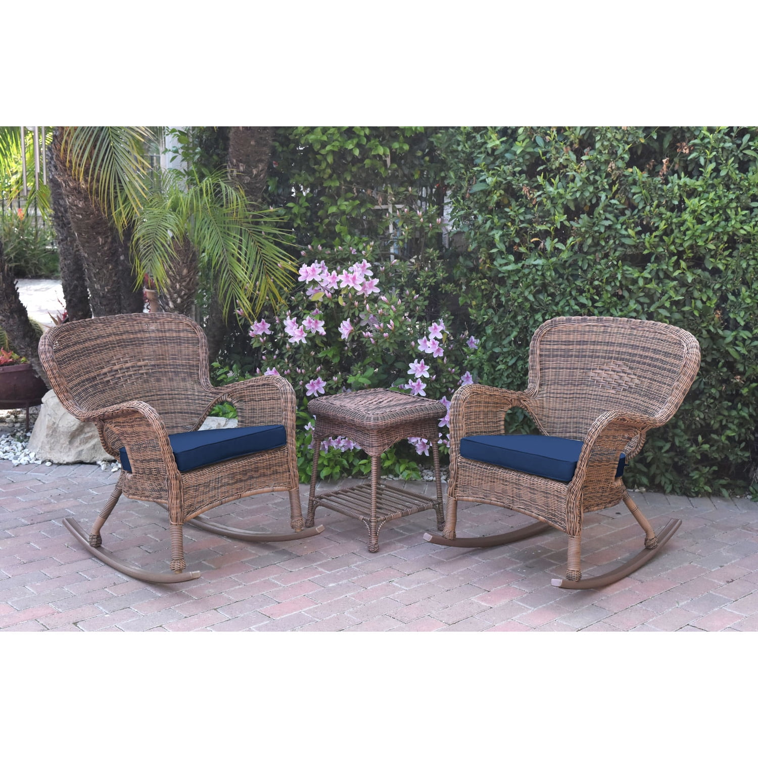 Jeco Windsor Honey Wicker Rocker Chair And End Table Set With Midnight ...
