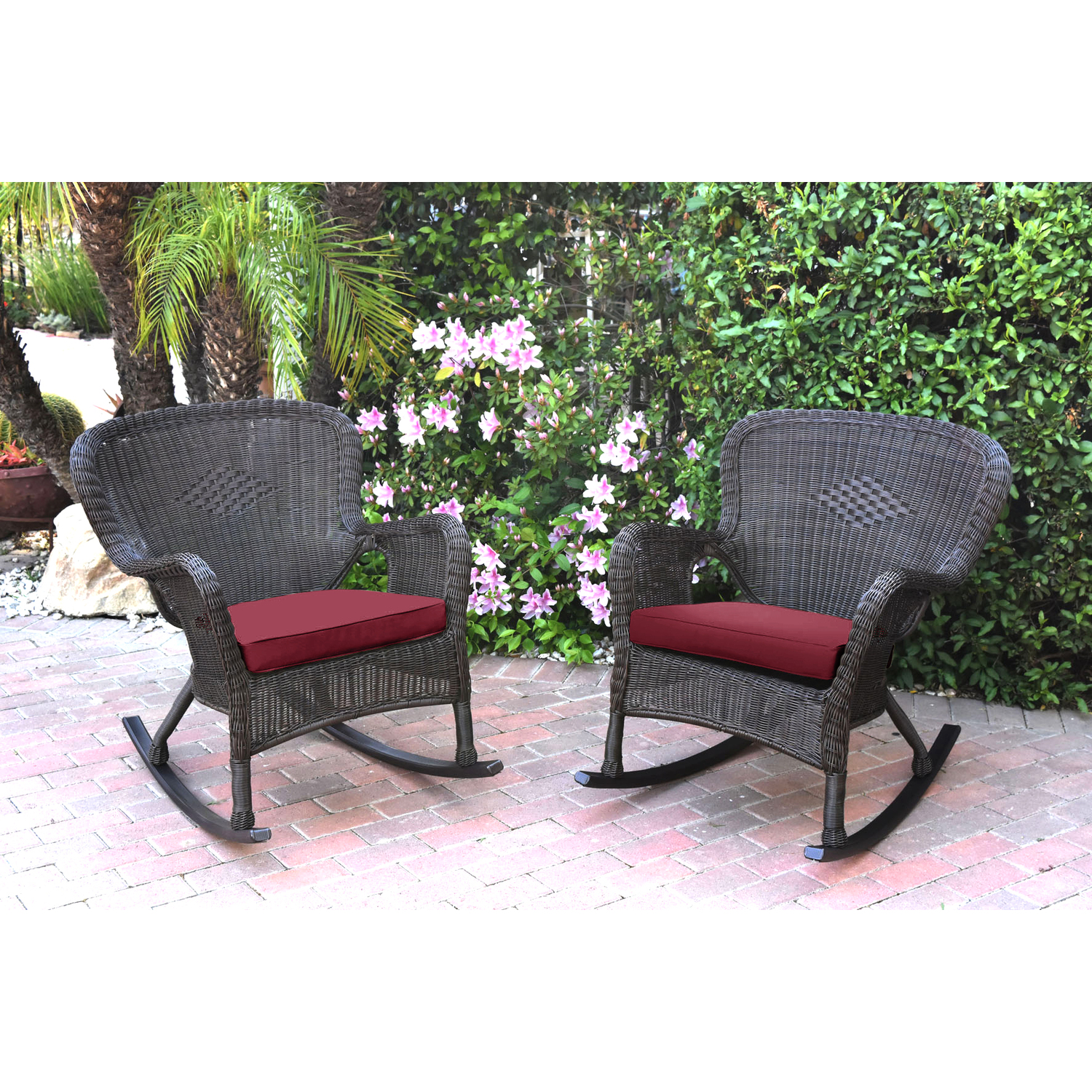 Jeco Set of 2 Windsor Espresso Resin Wicker Rocker Chair with Cushions ...