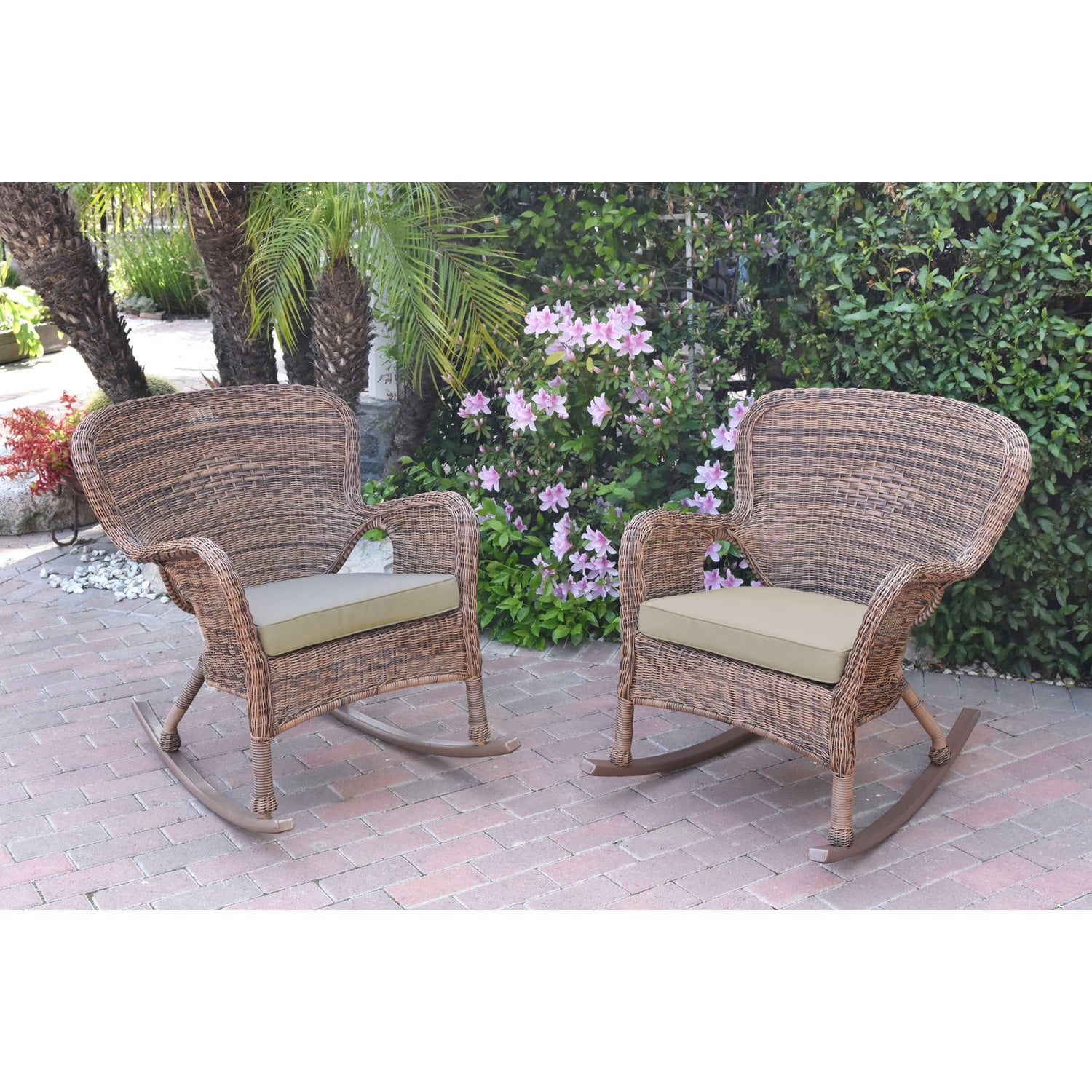 Jeco Set of 2 Windsor Honey Resin Wicker Rocker Chair with Tan Cushions ...
