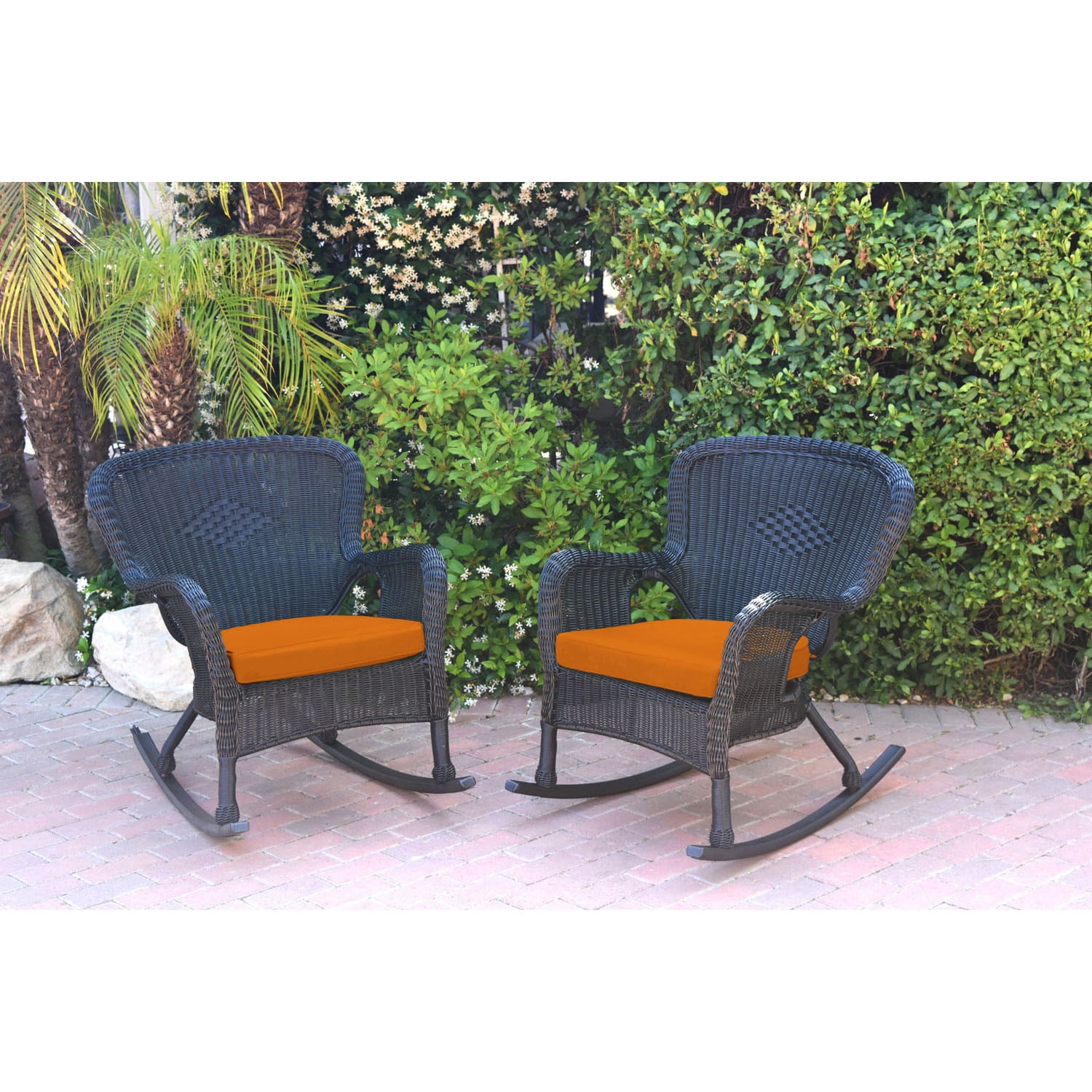 Jeco Set of 2 Windsor Black Resin Wicker Rocker Chair with Orange ...
