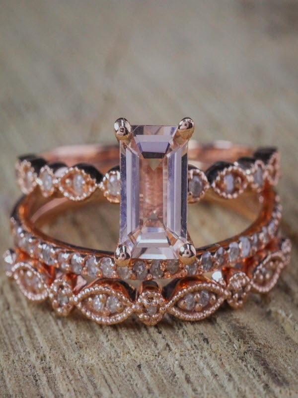 JeenJewels Sale 2 carat Morganite and Diamond Trio Ring Set in 10k Rose ...