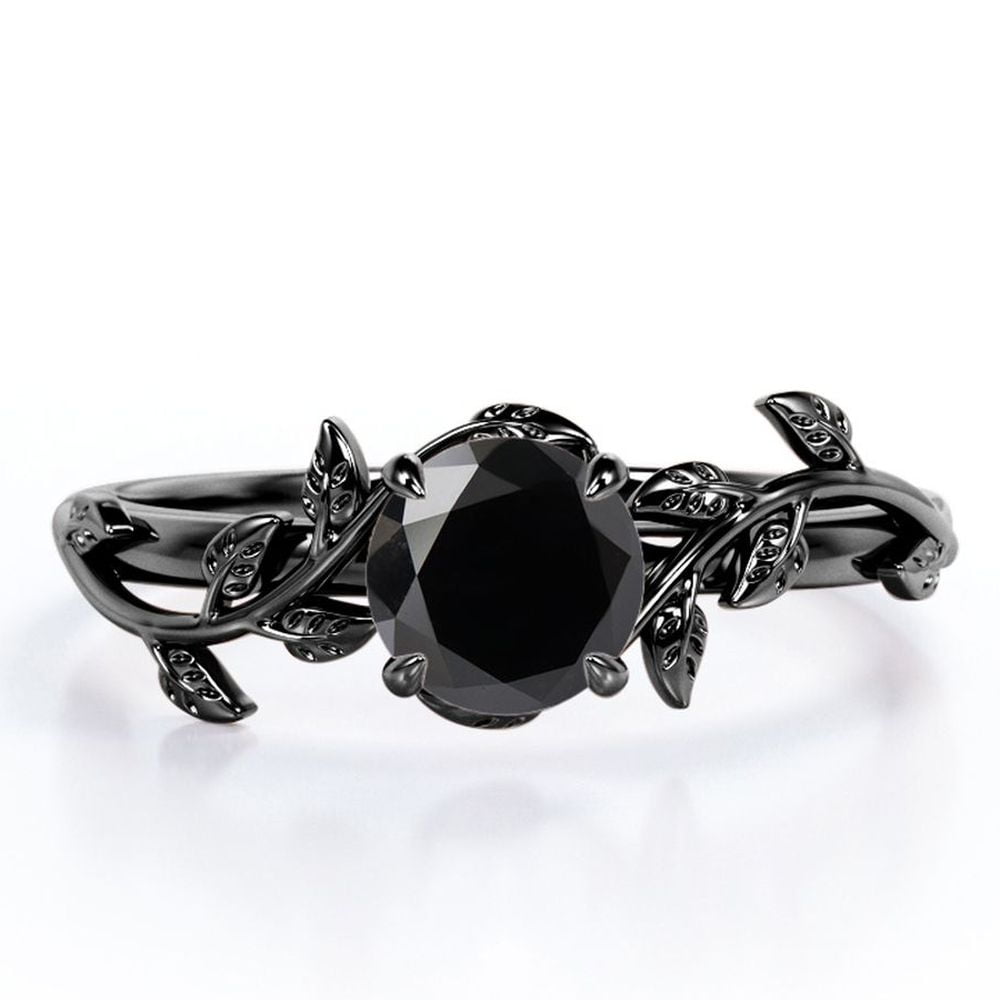 JeenMata 0.50 Carat - Round Cut Lab Created Black Diamond Ring - Leaf ...