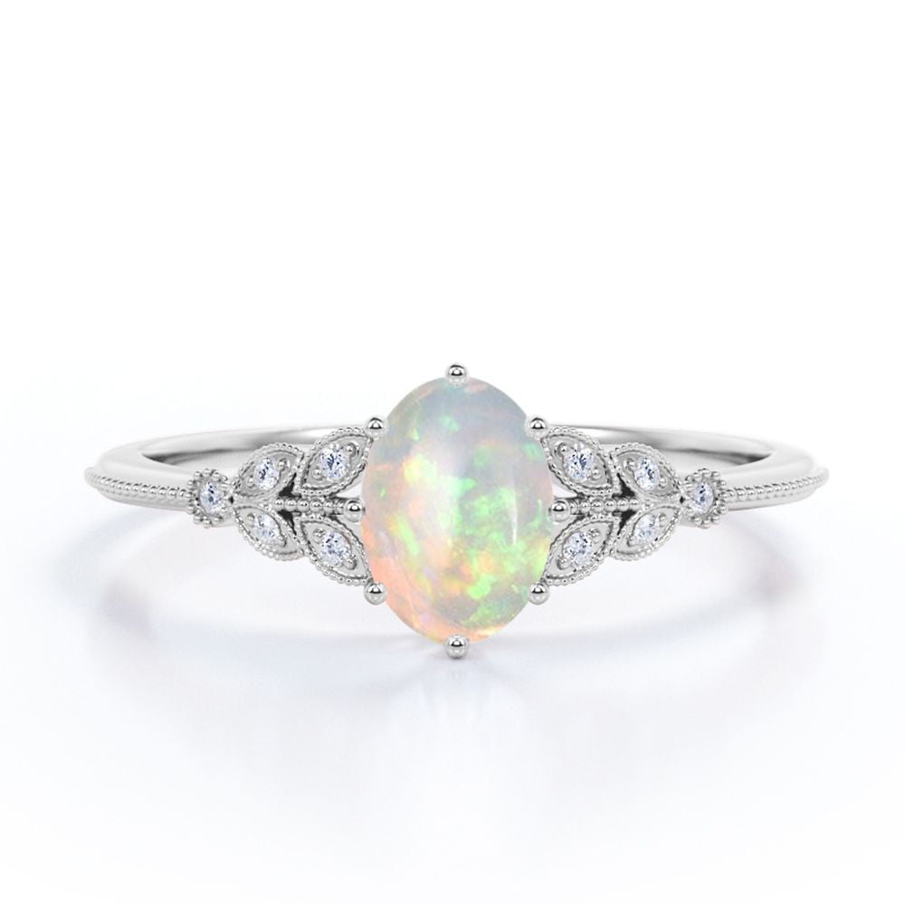 JeenMata 1.10 Carat Oval Cut White Opal And Moissanite - Milgrain Edge - 8 Prong Cathedral ...
