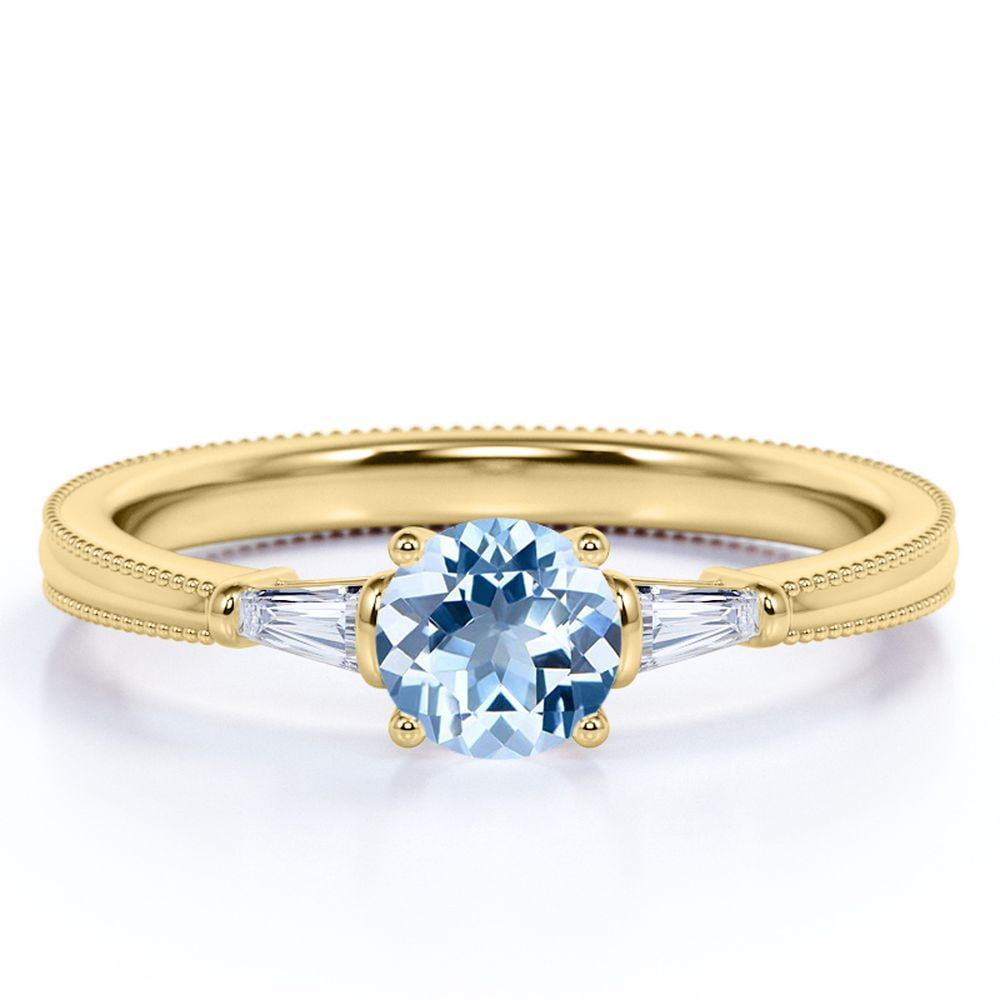 JeenMata 1.10 carat Round Sky Blue Created Aquamarine 3 Stone Simple ...