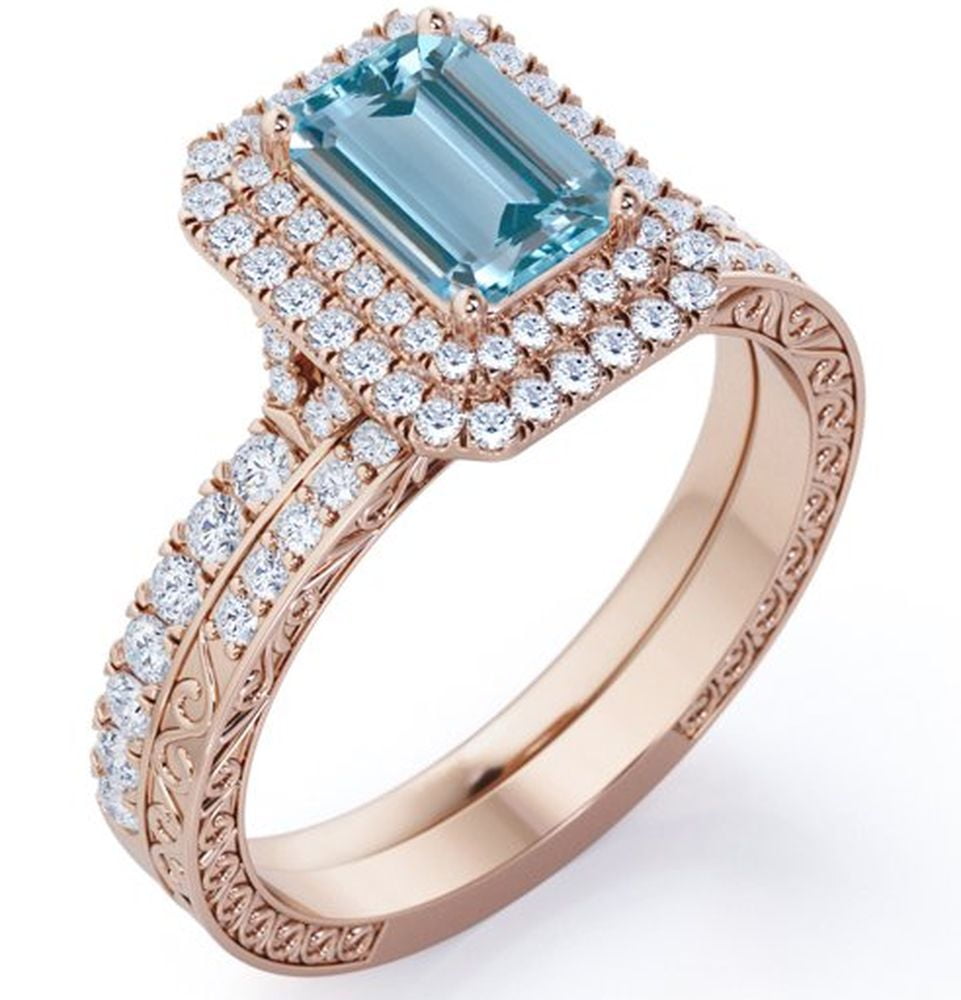 JeenMata 1.5 Carat Emerald Cut Sky Blue Created Aquamarine and ...