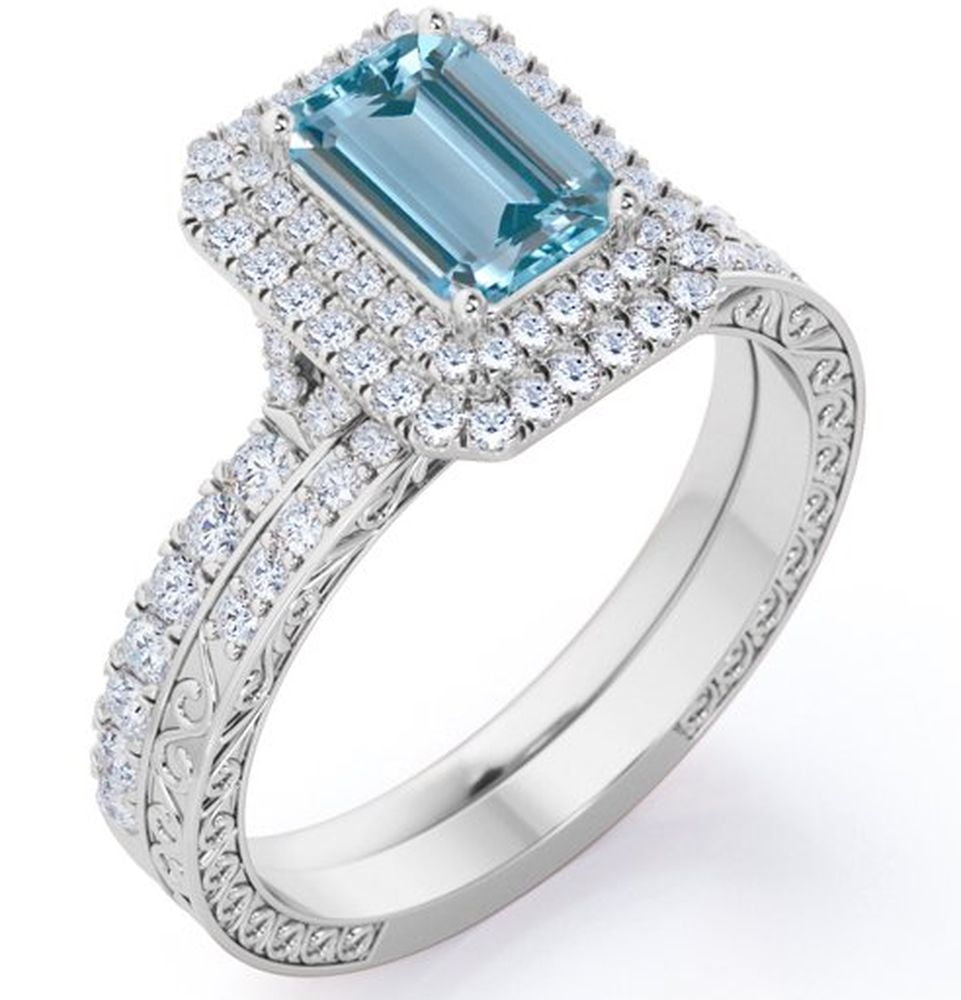 JeenMata 1.5 Carat Emerald Cut Sky Blue Created Aquamarine and ...