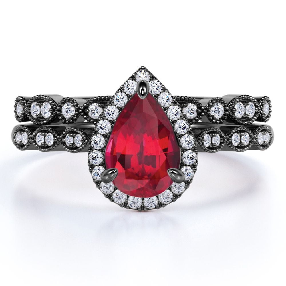 JeenMata 1.5 Carat Pear Cut Gothic Pigeon Blood Lab Created Ruby Bridal ...