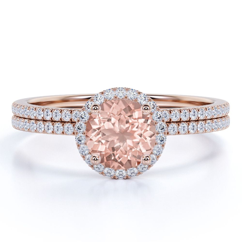 JeenMata 1.5 Carat Round Cut created morganite Wedding Set - Bridal Set ...