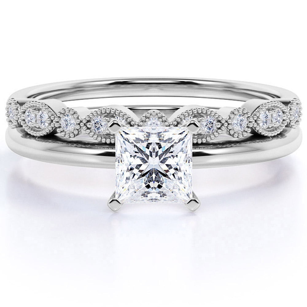 JeenMata 1.5 Carat art deco princess cut Moissanite Wedding Ring Set in ...
