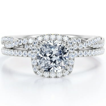 JeenMata 10K White Gold Square Diamond Wedding Ring Set - Double Halo ...