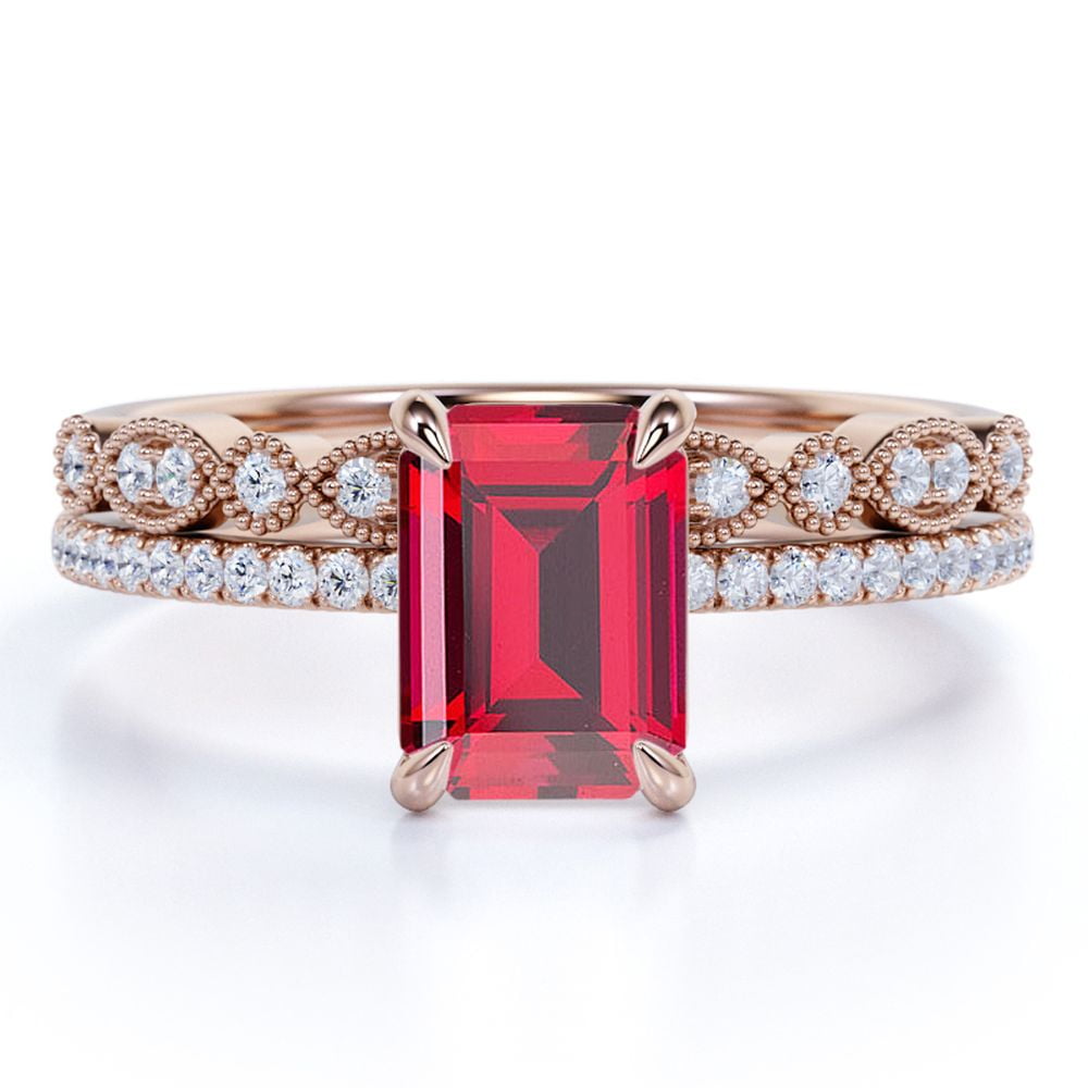 JeenMata 1.50 Carat Emerald Cut Burmese Lab Created Ruby Wedding Set ...