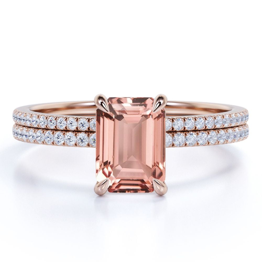 JeenMata 1.50 Carat Emerald Cut created morganite Wedding Set - Bridal ...