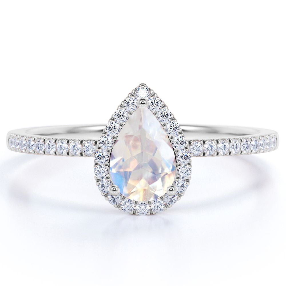 JeenMata 1.25 Carat Pear Shaped Rainbow Moonstone and Moissanite Halo ...