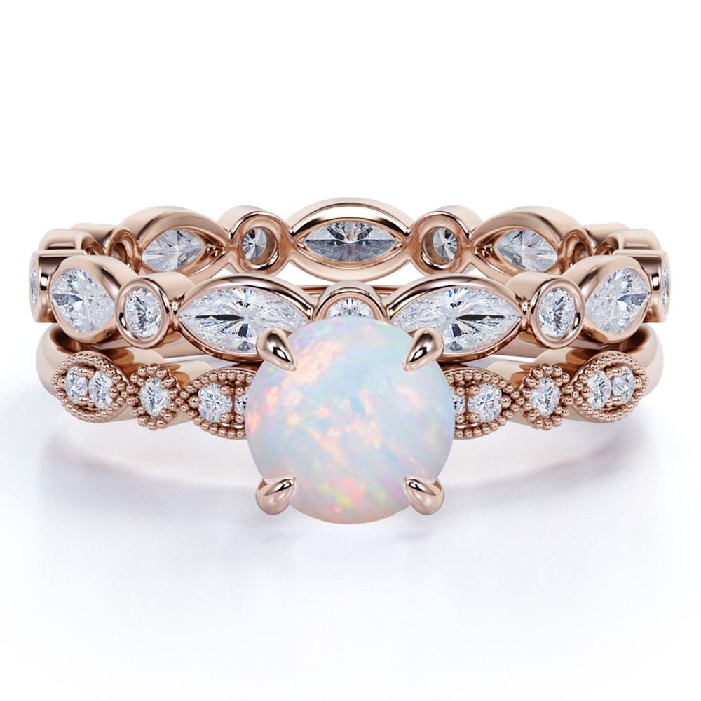 JeenMata 1.50 ct Real Round Blue Opal and Moissanite Engagement Ring ...