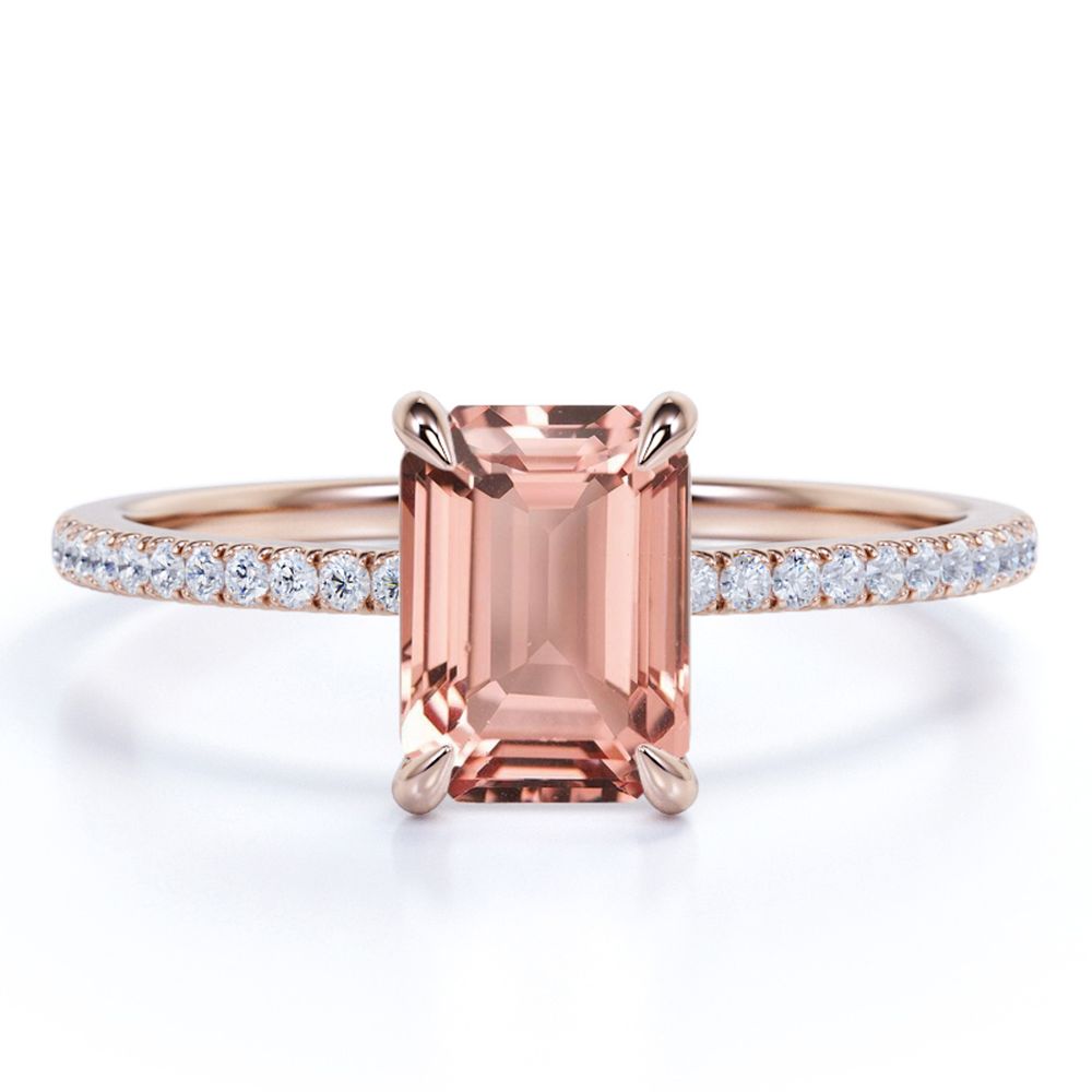 1.25 Carat Morganite (emerald cut Morganite) Diamond Engagement Ring ...